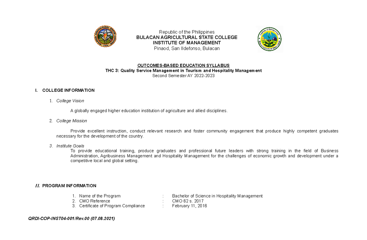 Thc3 Obe Syllabus 2022 2023 Outcomes Based Education Syllabus Thc 3 Quality Service