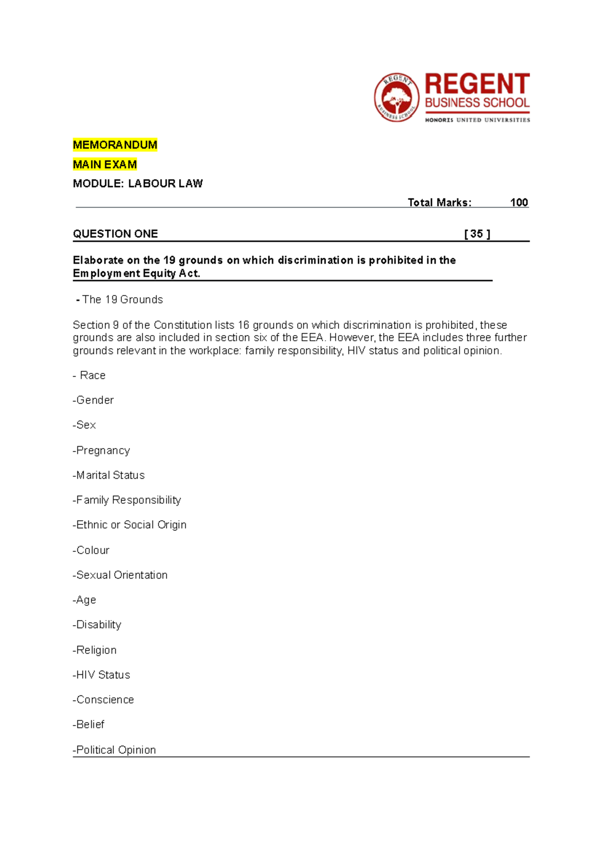 Bcomlw Labour Law Memo - MEMORANDUM MAIN EXAM MODULE: LABOUR LAW Total ...