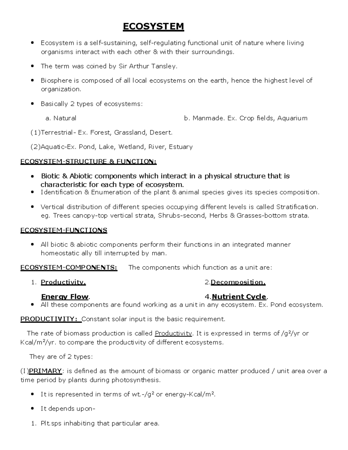 Ecosystem notes - Good 👍 - ECOSYSTEM Ecosystem is a self-sustaining ...