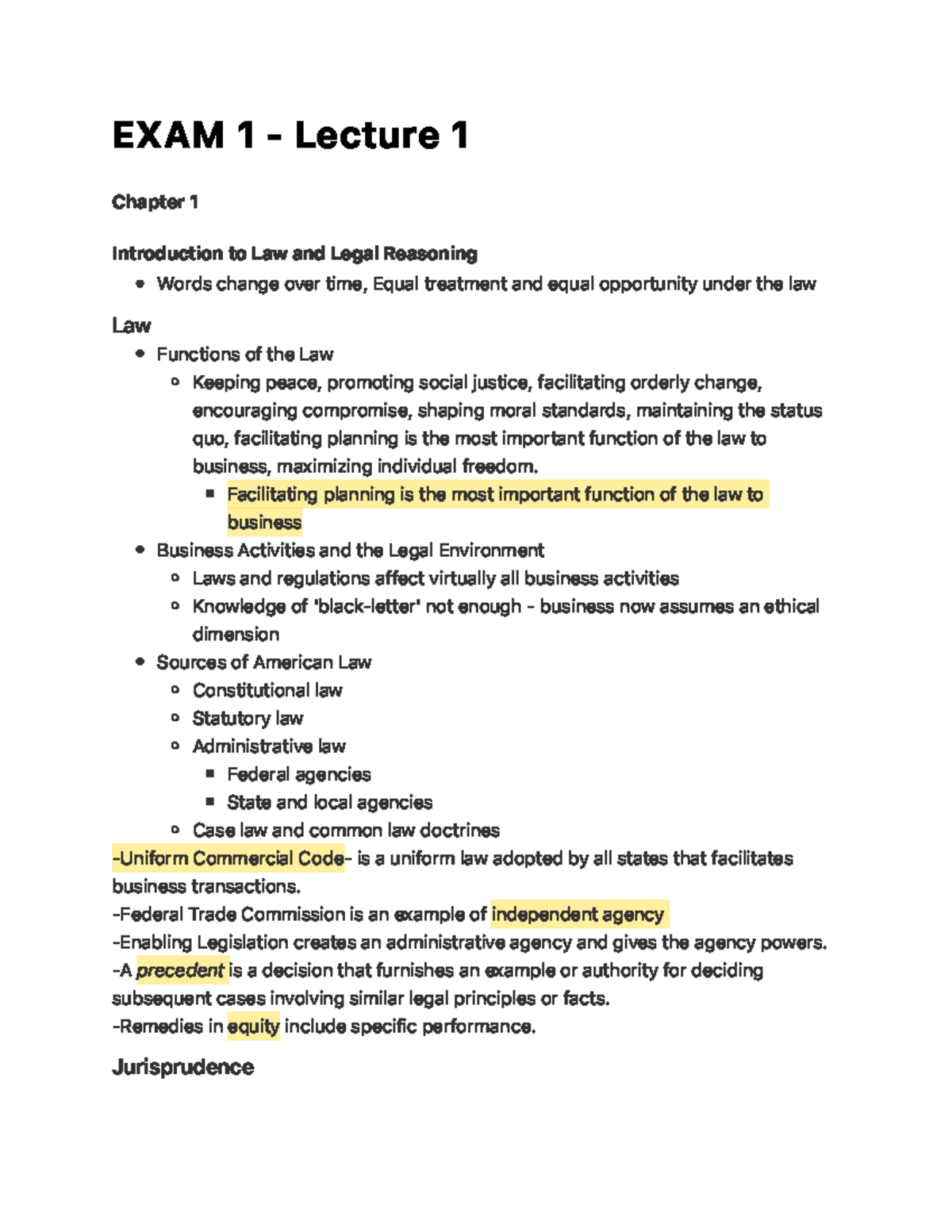 EXAM 1 - Lecture 1 - EXAM 1 - Lecture 1 Chapter 1 Introduction to Law ...