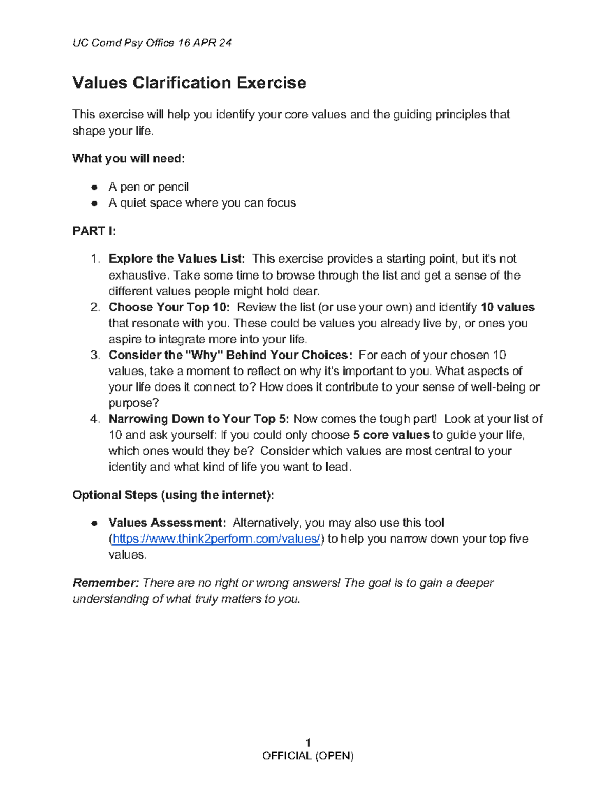 Values Clarification (Final) - 1 Values Clarification Exercise This exercise will help you ...