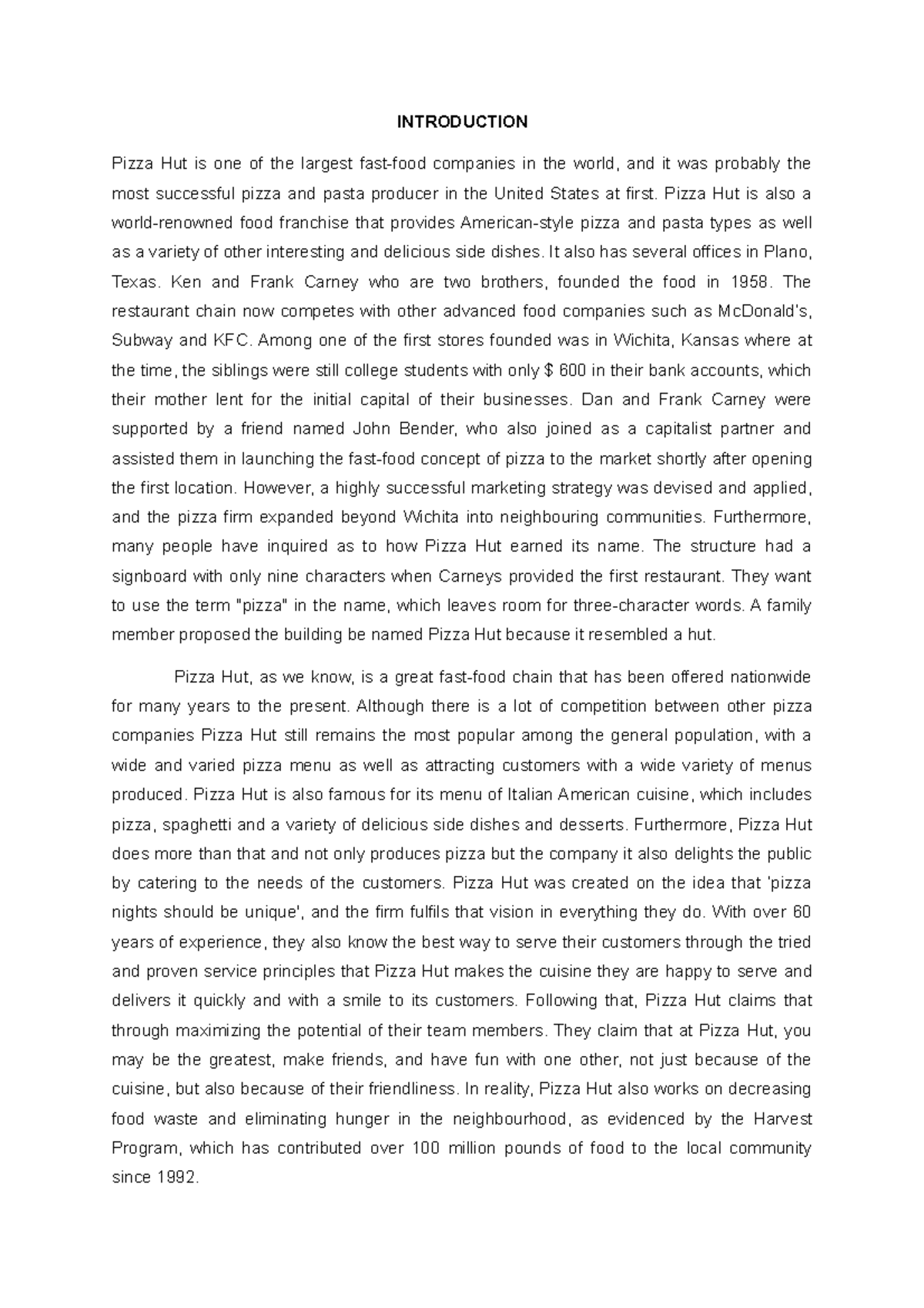 Individual Assignment MGT162- Pizzahut - INTRODUCTION Pizza Hut is one ...