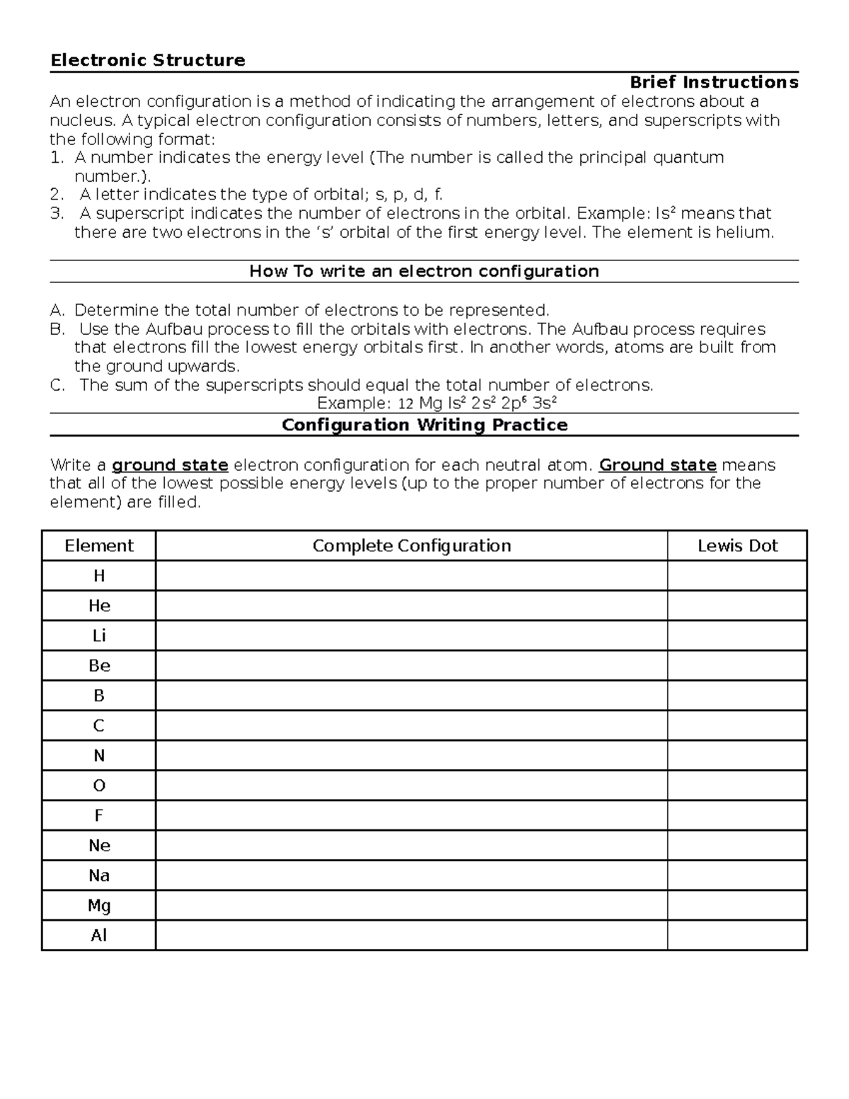 Wkst 1 electron configurations with instructions - Electronic Structure ...