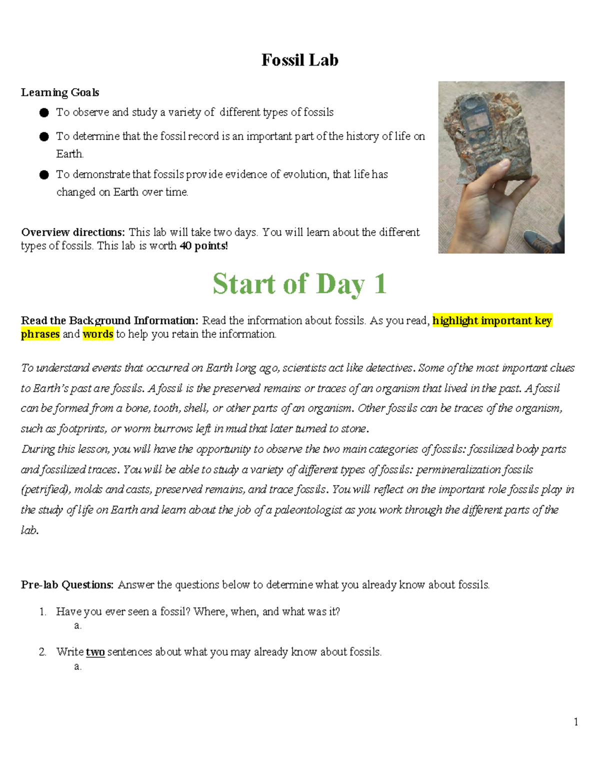 21) - Fossil Lab Learning Goals To observe and study a variety of ...