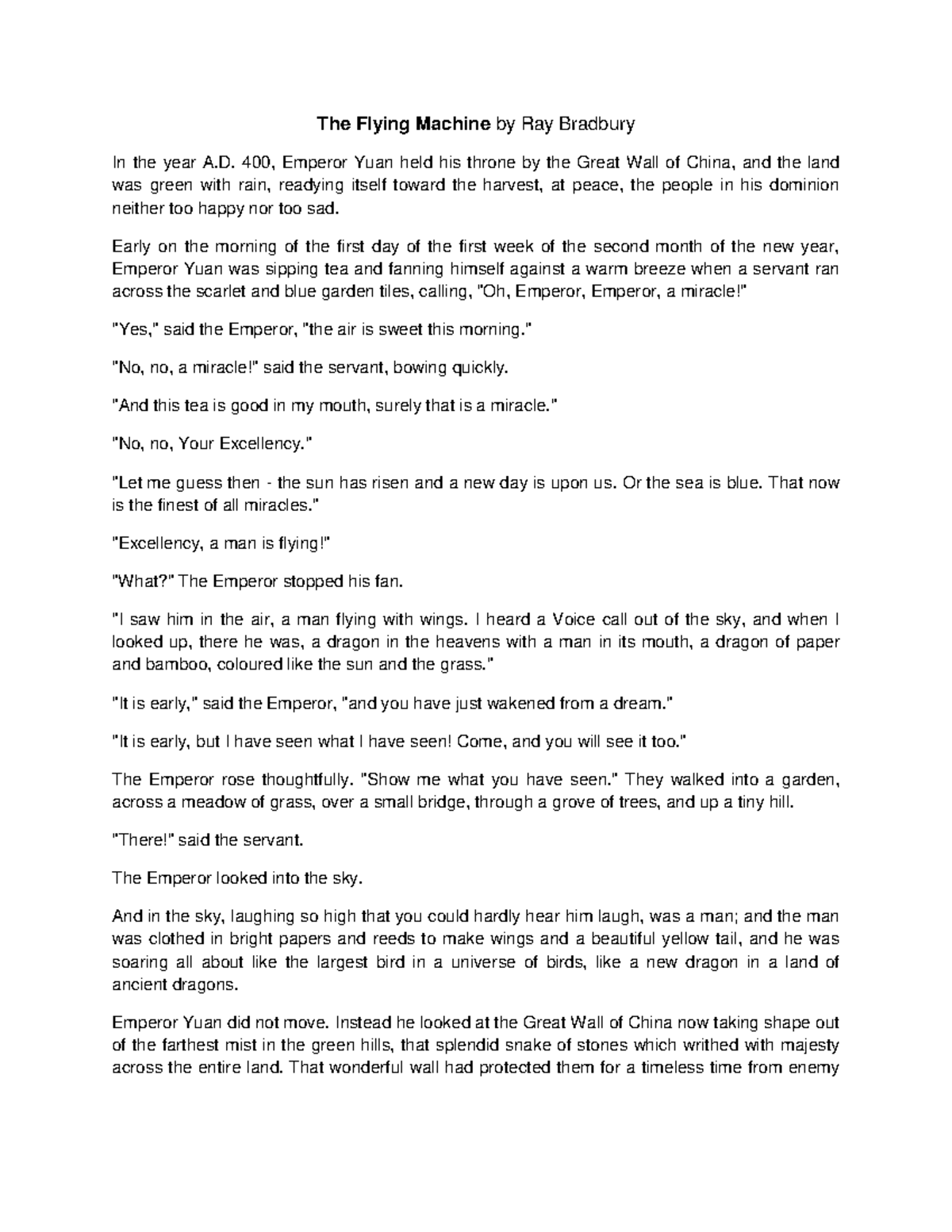 The Flying Machine by Ray Bradbury - 400, Emperor Yuan held his throne ...