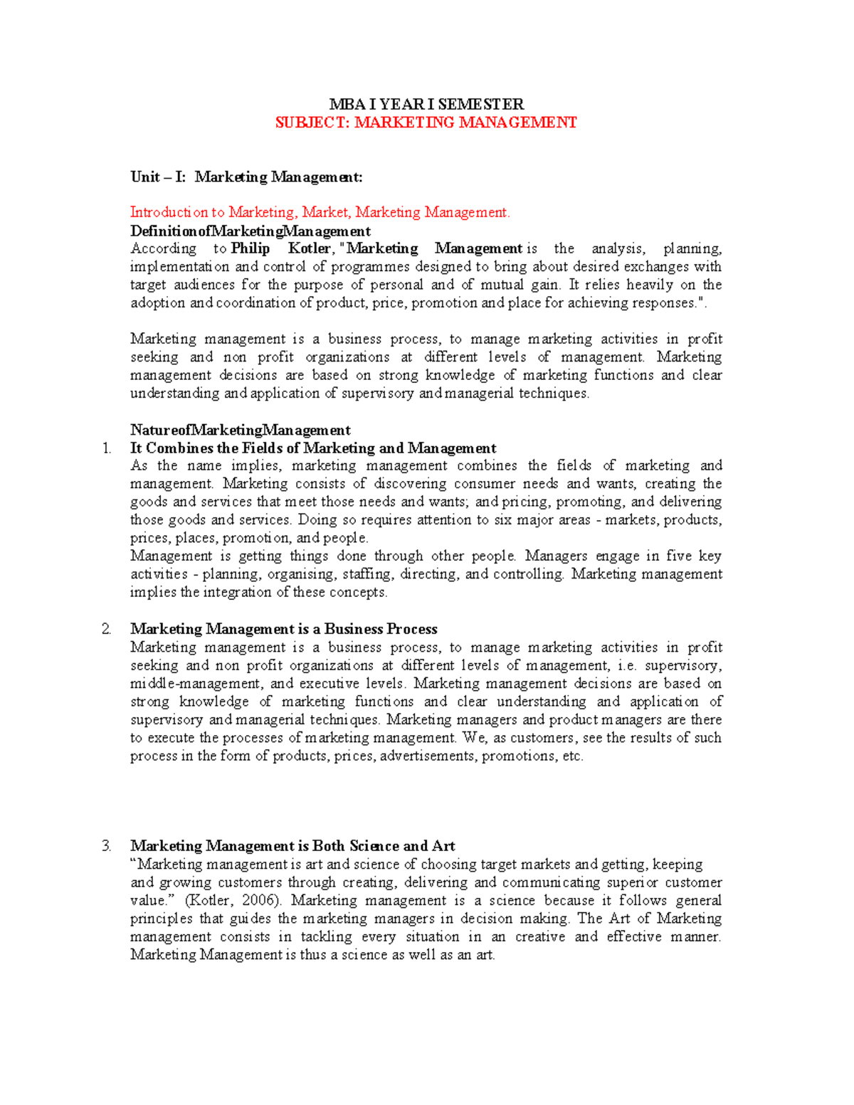 Basic Of Marketing Notes - MBA I YEAR I SEMESTER SUBJECT: MARKETING ...