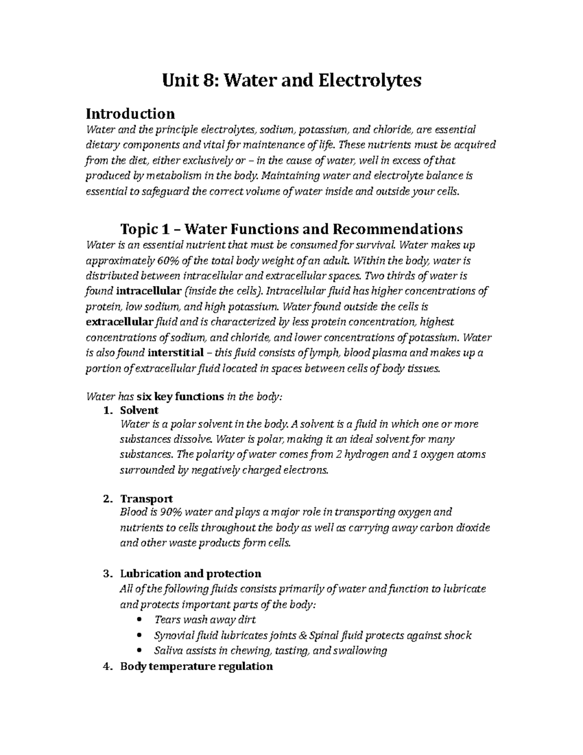 Unit 8 - Water and Electrolytes - Unit 8: Water and Electrolytes ...