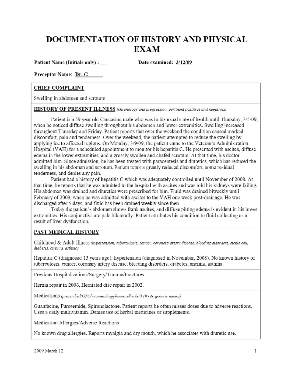 Documentation of history and physical exam - DOCUMENTATION OF HISTORY ...