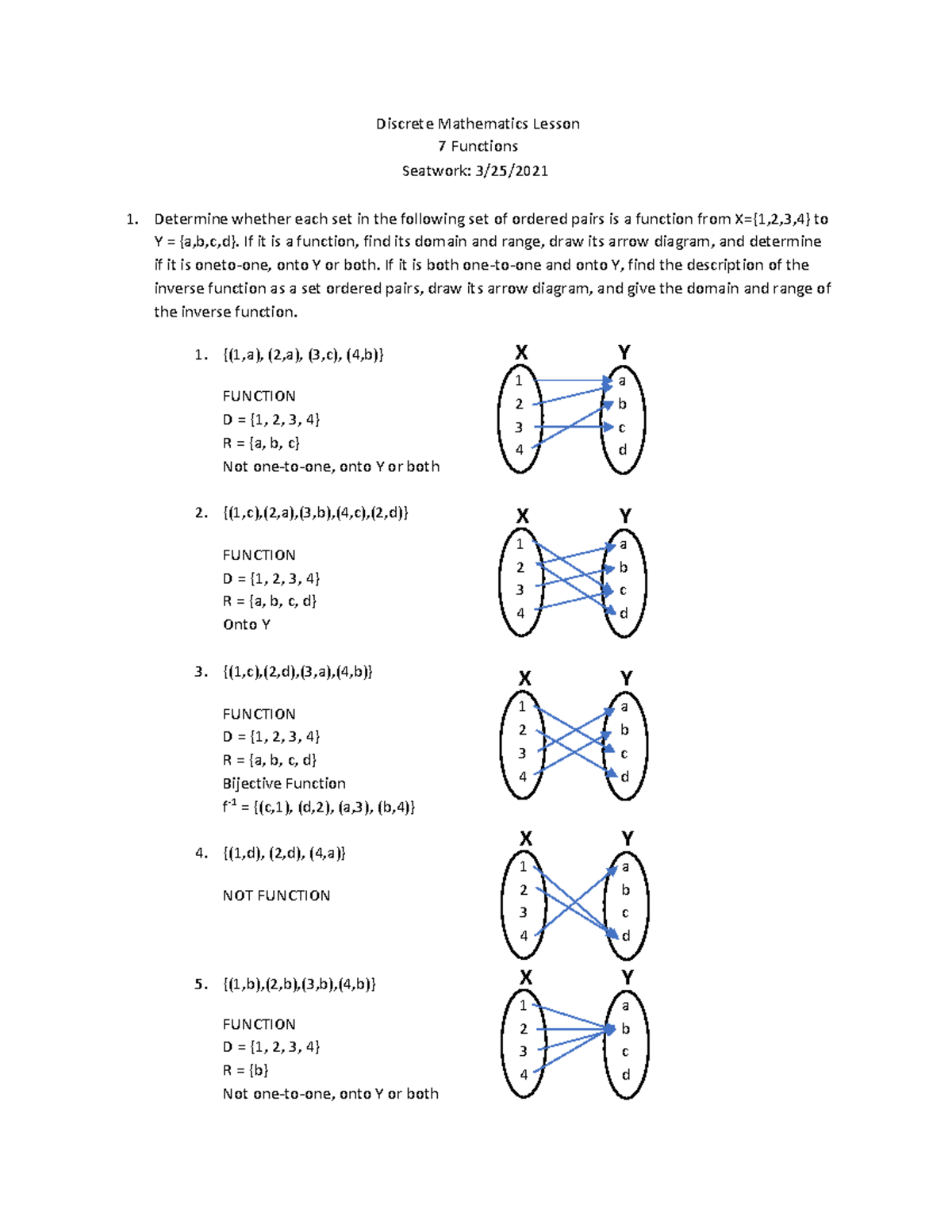Solloso Lesson 7 Seatwork - Discrete Mathematics Lesson 7 Functions Seatwork: 3/25/ Determine ...