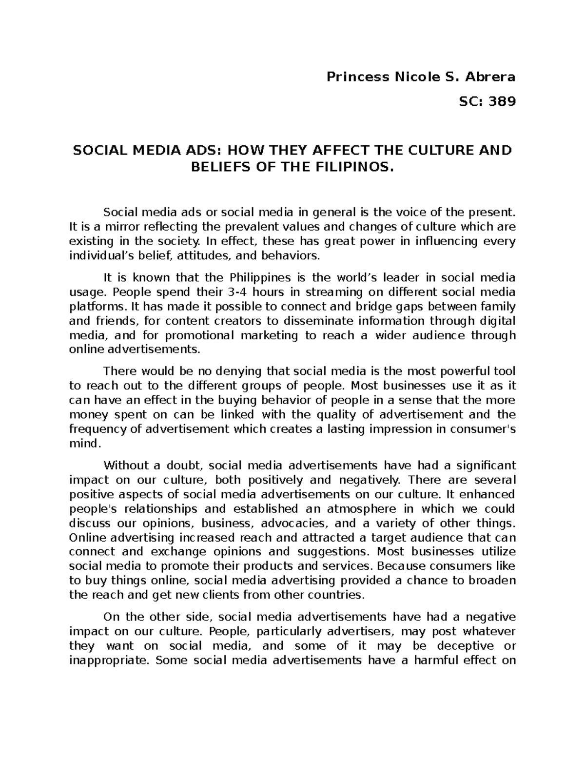 UNIT 4- Reflection Paper - Princess Nicole S. Abrera SC: 389 SOCIAL ...