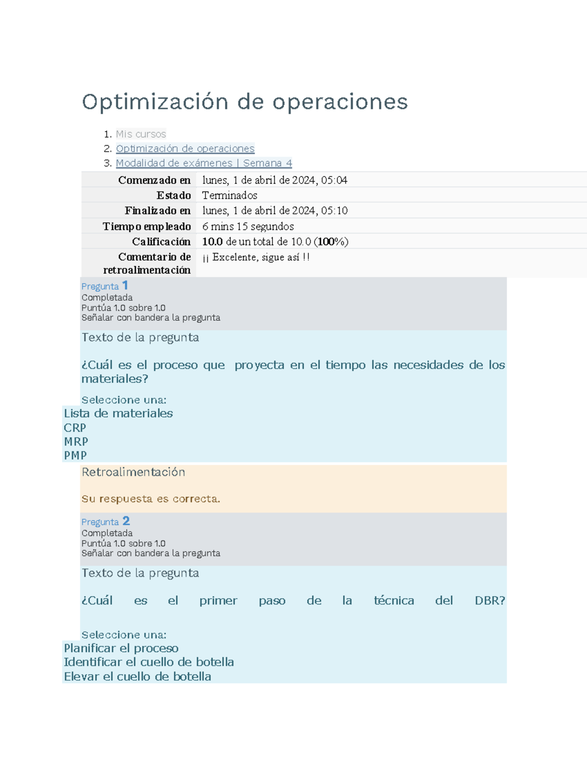Optimización de operaciones examen 2 semana 4 - Optimización de operaciones 1. Mis cursos 2 ...