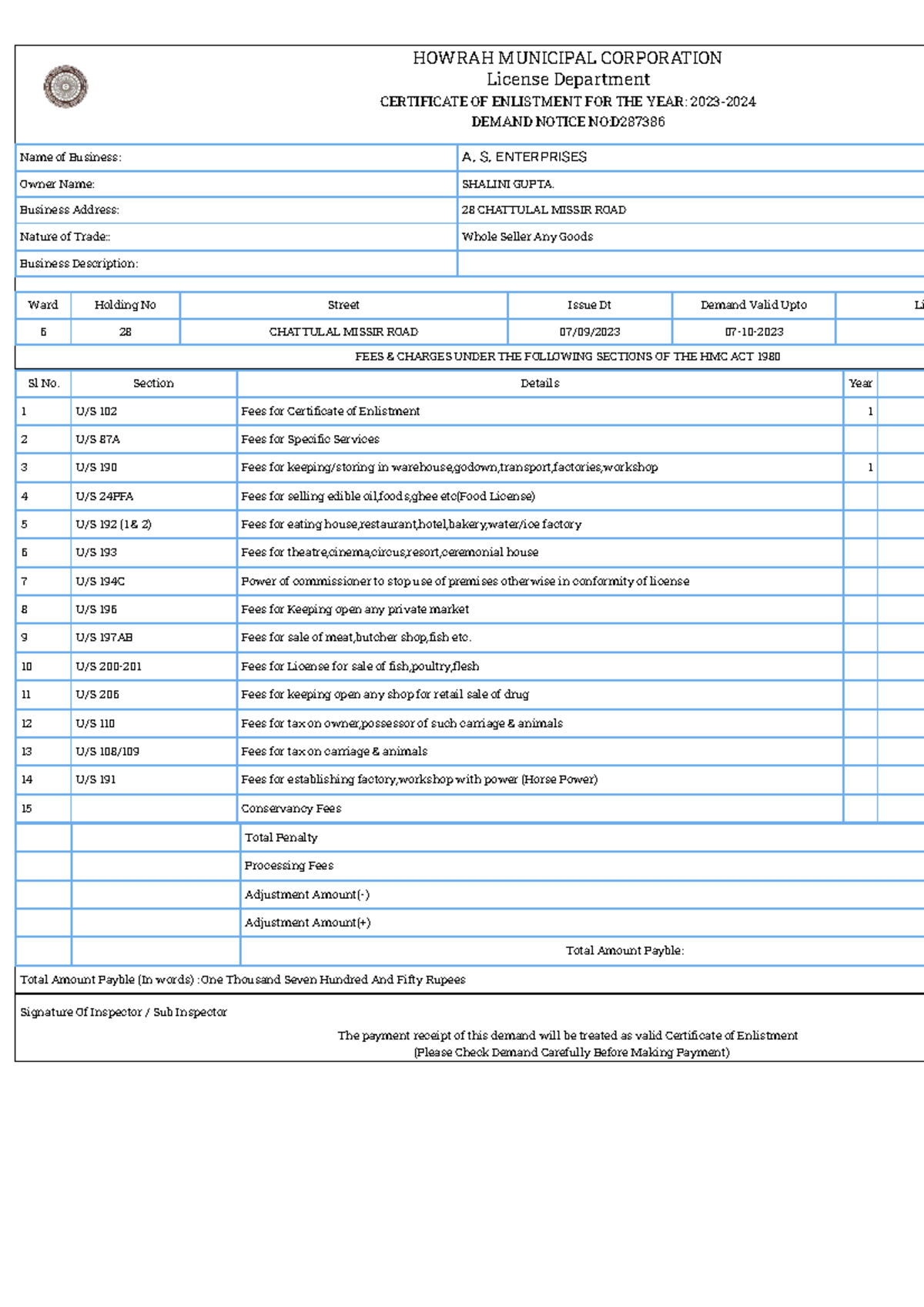 Tl.myhmc - Signature Of Inspector / Sub Inspector HOWRAH MUNICIPAL ...