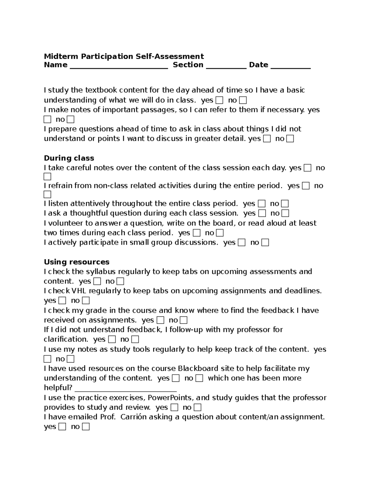 Midterm Participation Self Assessment - Midterm Participation Self ...