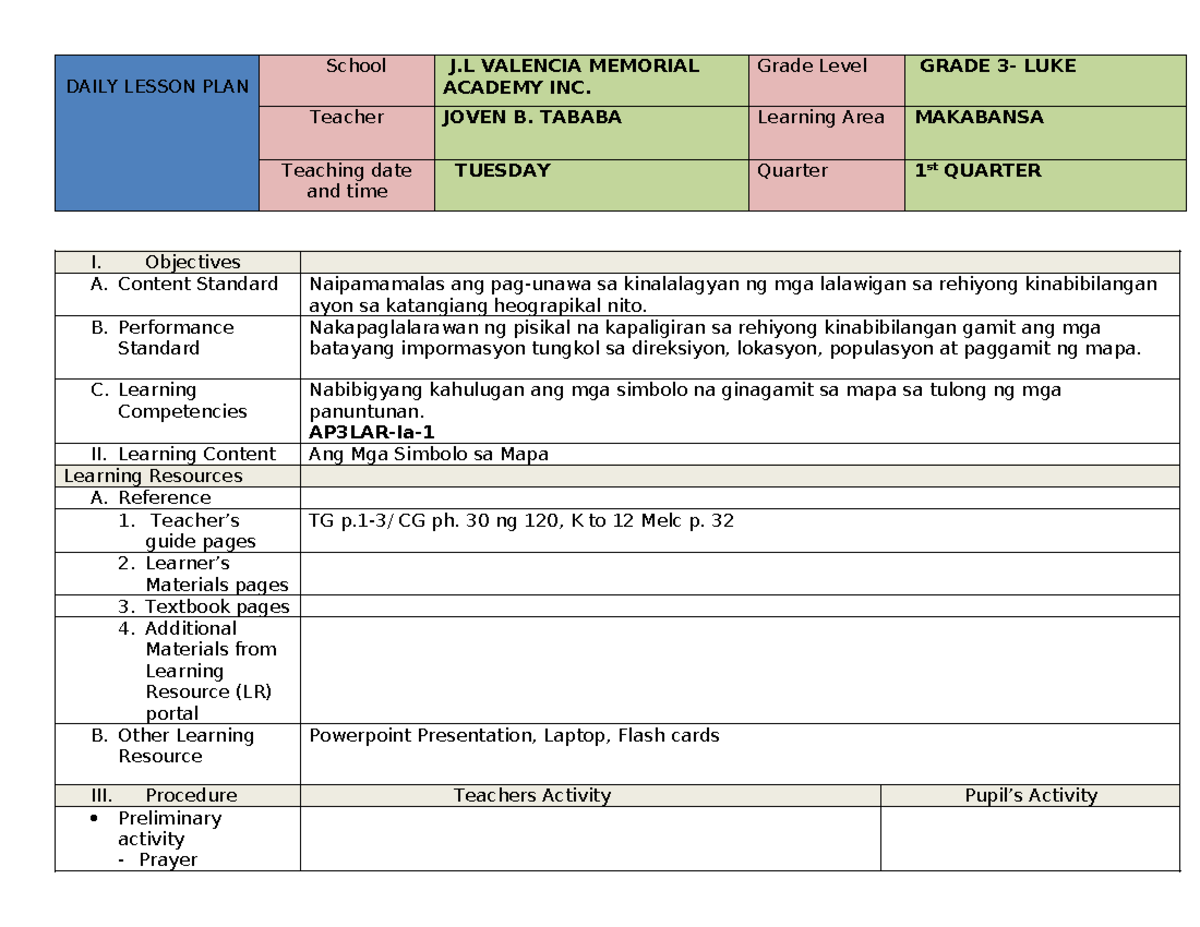 Grade 3 LP Tuesday - Week 1 - DAILY LESSON PLAN School J VALENCIA ...