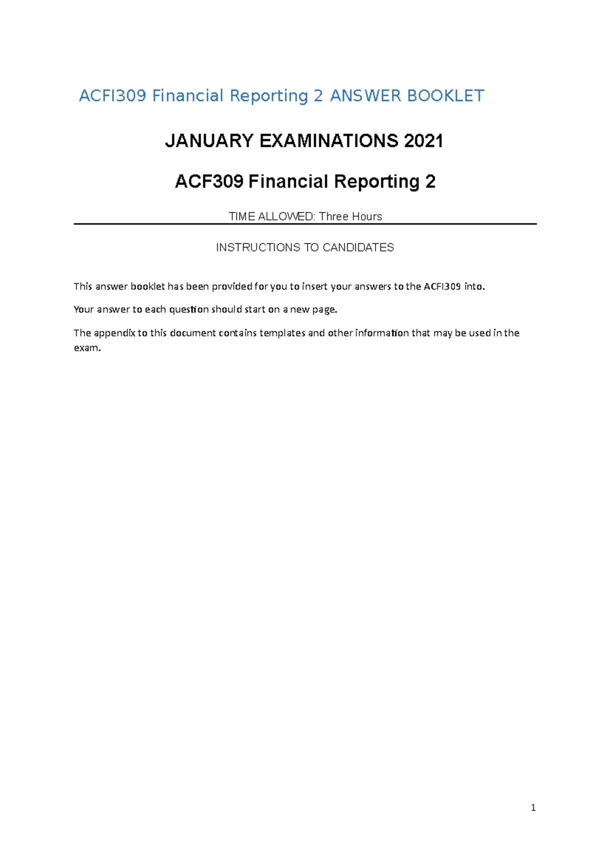 ACFI 309 answer booklet - ACFI309 Financial Reporting 2 ANSWER BOOKLET ...