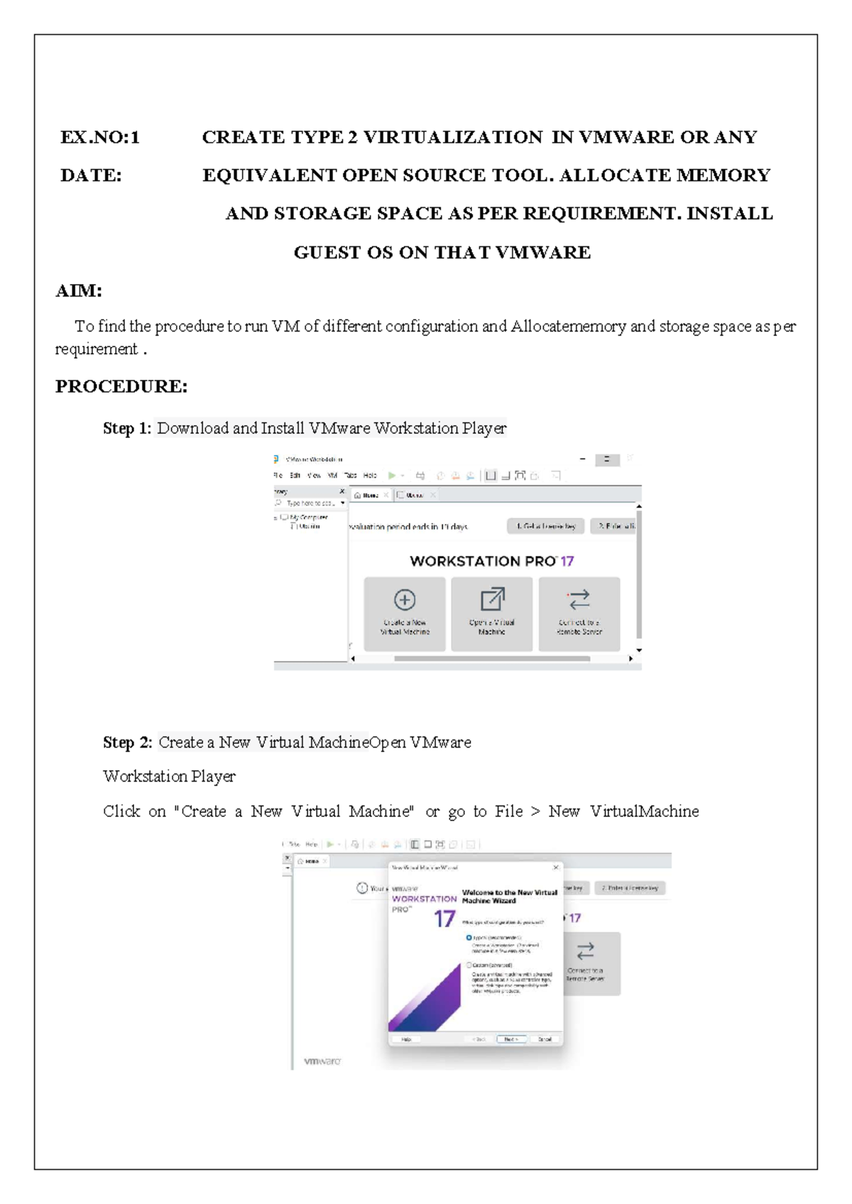 Exp 1,2 virtualization - EX:1 CREATE TYPE 2 VIRTUALIZATION IN VMWARE OR ...