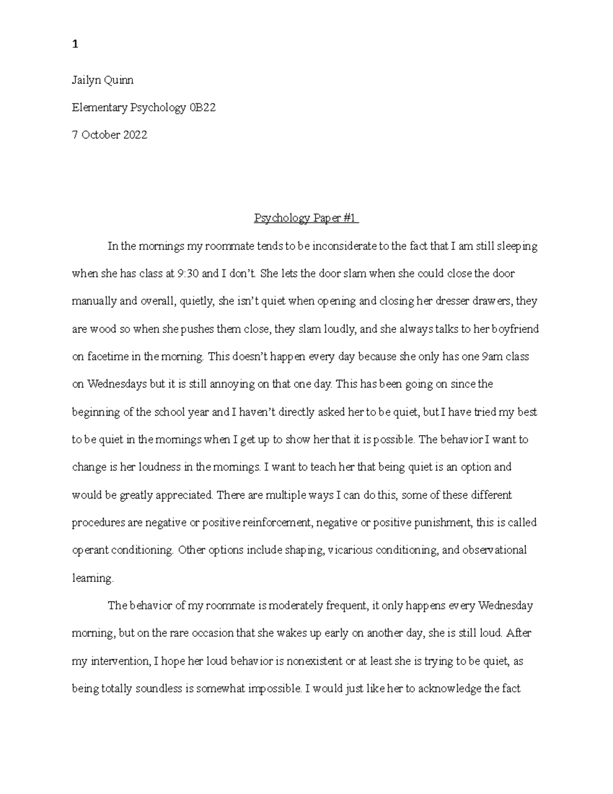 Psychology Paper #1 - 1 Jailyn Quinn Elementary Psychology 0B 7 October ...