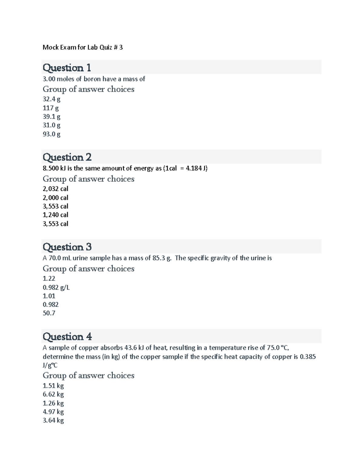 Mock Exam for Lab Quiz 3 - mock exam - Mock Exam for Lab Quiz # 3 Question 1 3 moles of boron ...