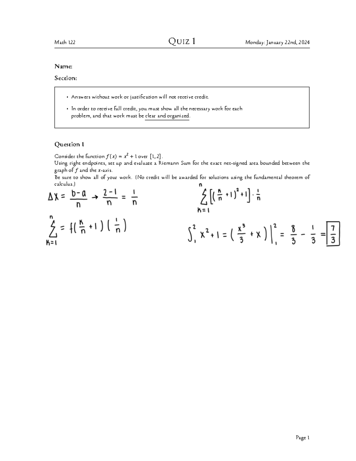 Quiz 1 - quiz 1 - Math 122 Quiz 1 Monday: January 22nd, 2024 Name ...