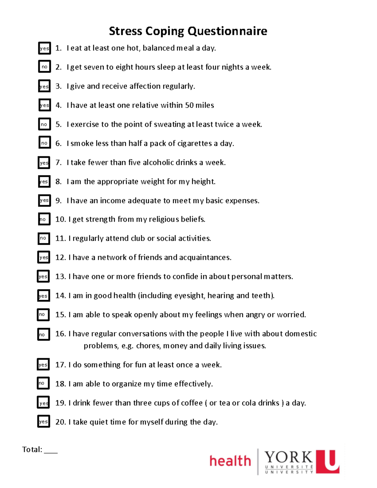 Stress coping questionnaire - Stress Coping Questionnaire I eat at ...