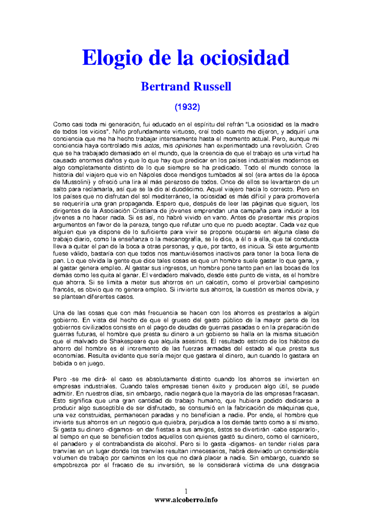 Russell 3 elogio de la ociosidad - 1 Elogio de la ociosidad Bertrand ...