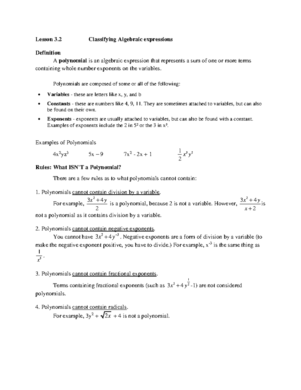 Lesson 3.2 Classifying Algebraic Expressions 2323e6c9d618618629 eccb0edabe 293a 1 - Lesson 3 ...