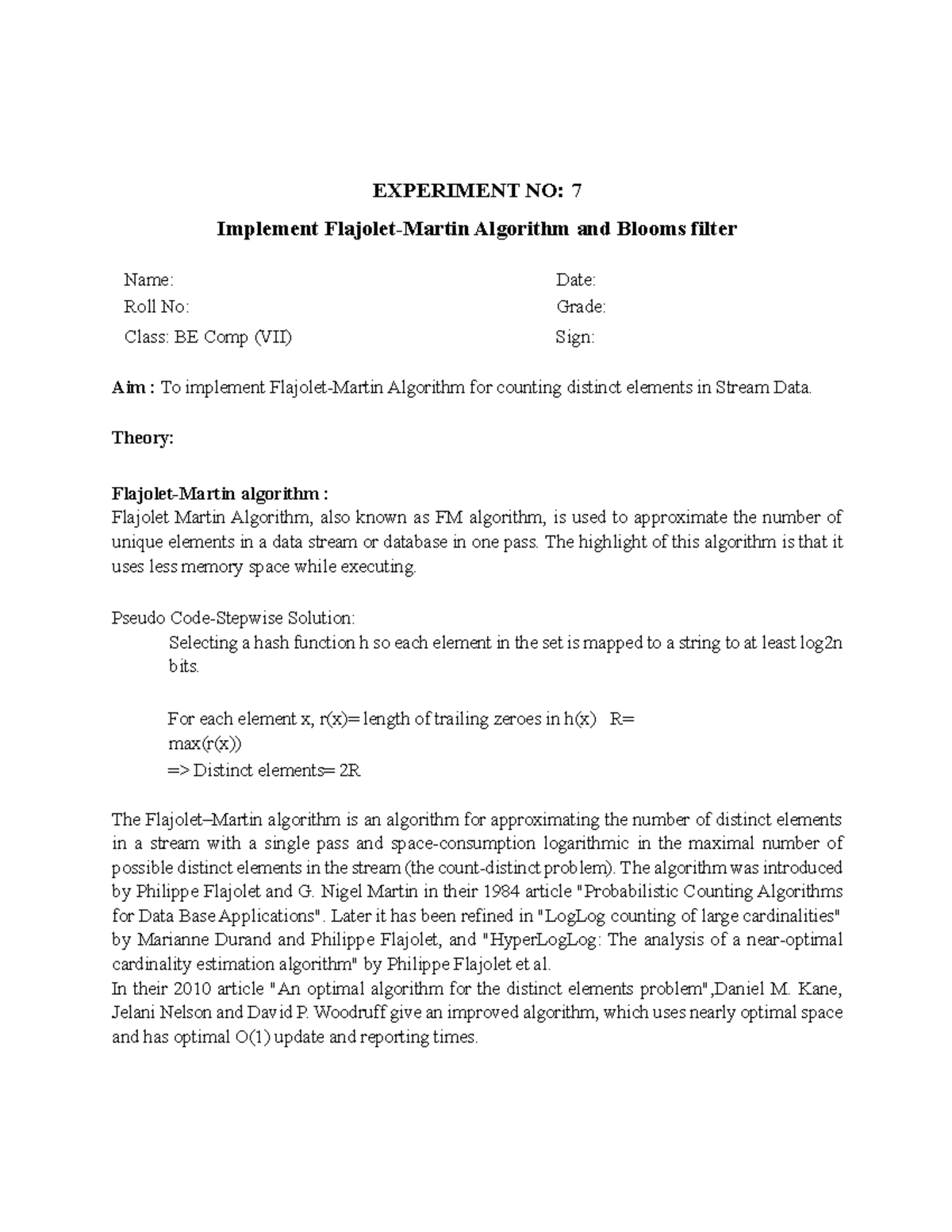 EXP-7-FM-alorithm and bloom - EXPERIMENT NO: 7 Implement Flajolet ...