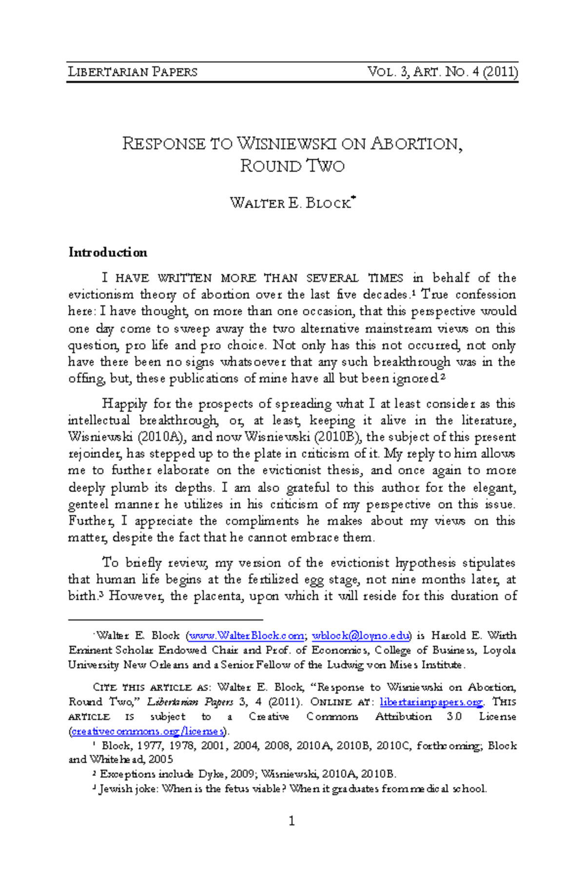 Abortion, Round Two - Walter Block - LIBERTARIAN PAPERS VOL. 3, ART. NO ...