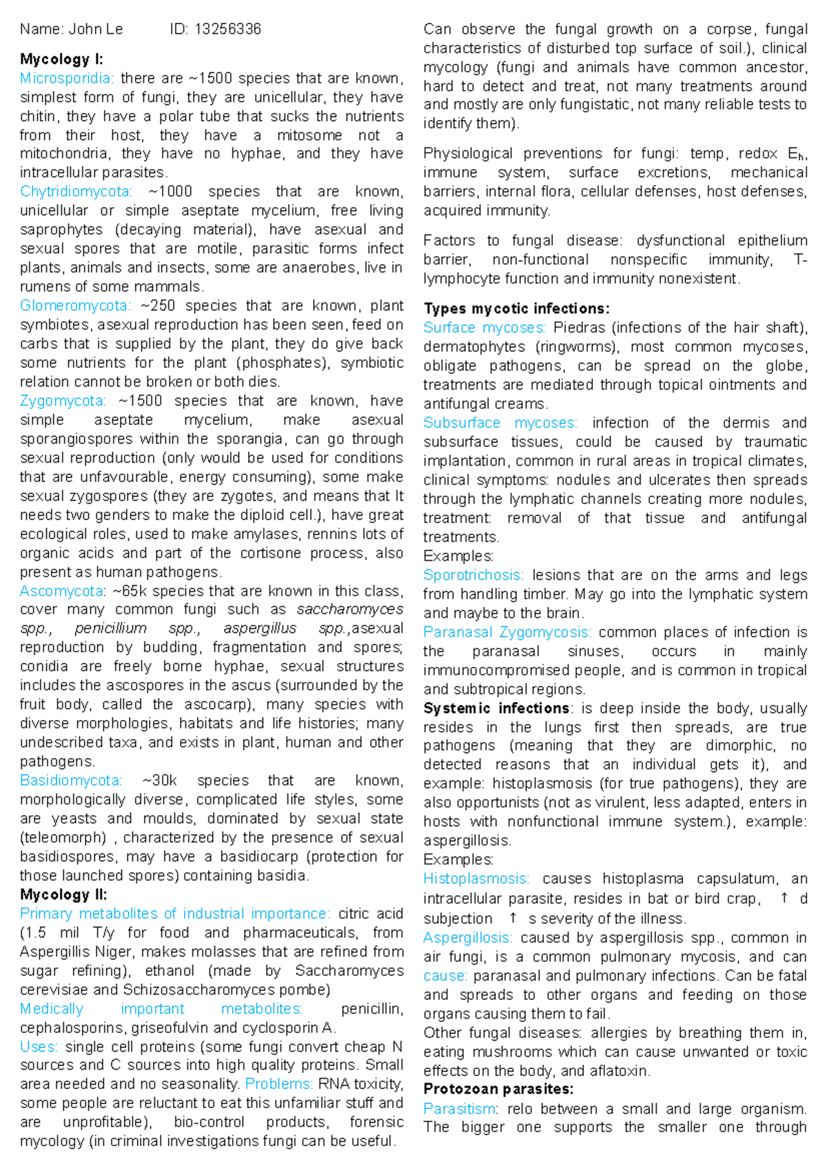 Cheat sheet for General microbiology - Name: John Le ID: 13256336 ...