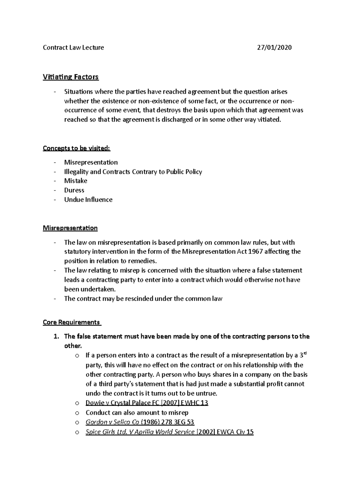 Misrepresentation Lecture - Contract Law Lecture 27/01/ Vitiating ...