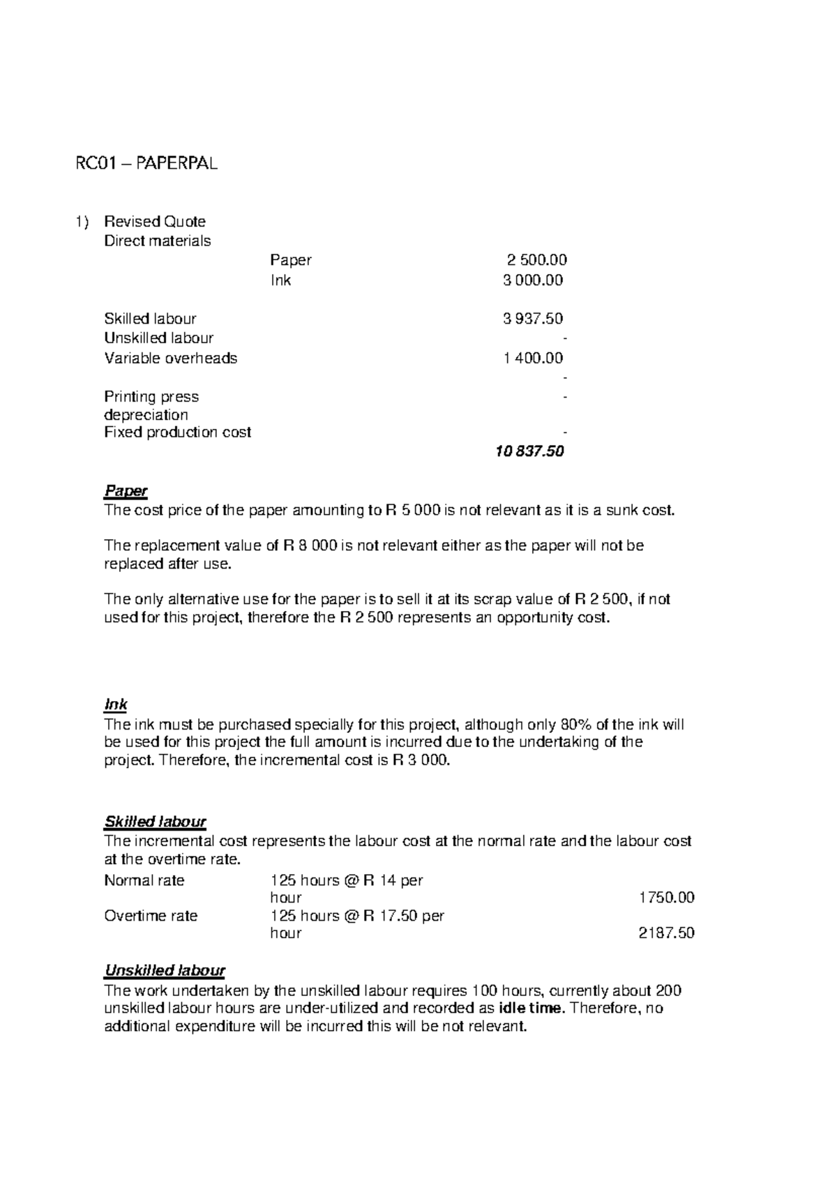 RC01 – Paperpal (Solution) - Revised Quote Direct materials Paper 2 500 ...