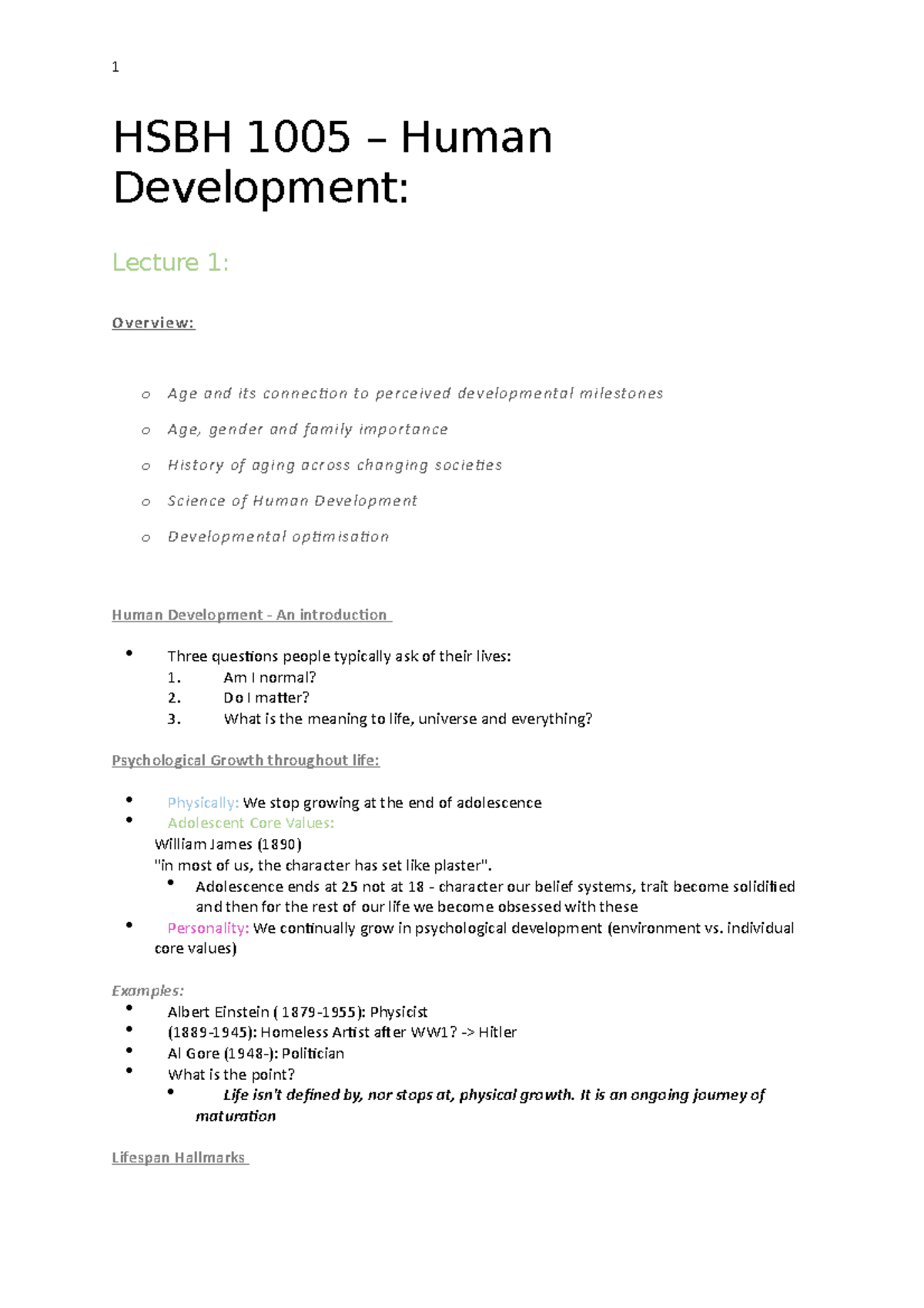 HSBH 1005 Study notes - 1 HSBH 1005 – Human Development: Lecture 1 ...