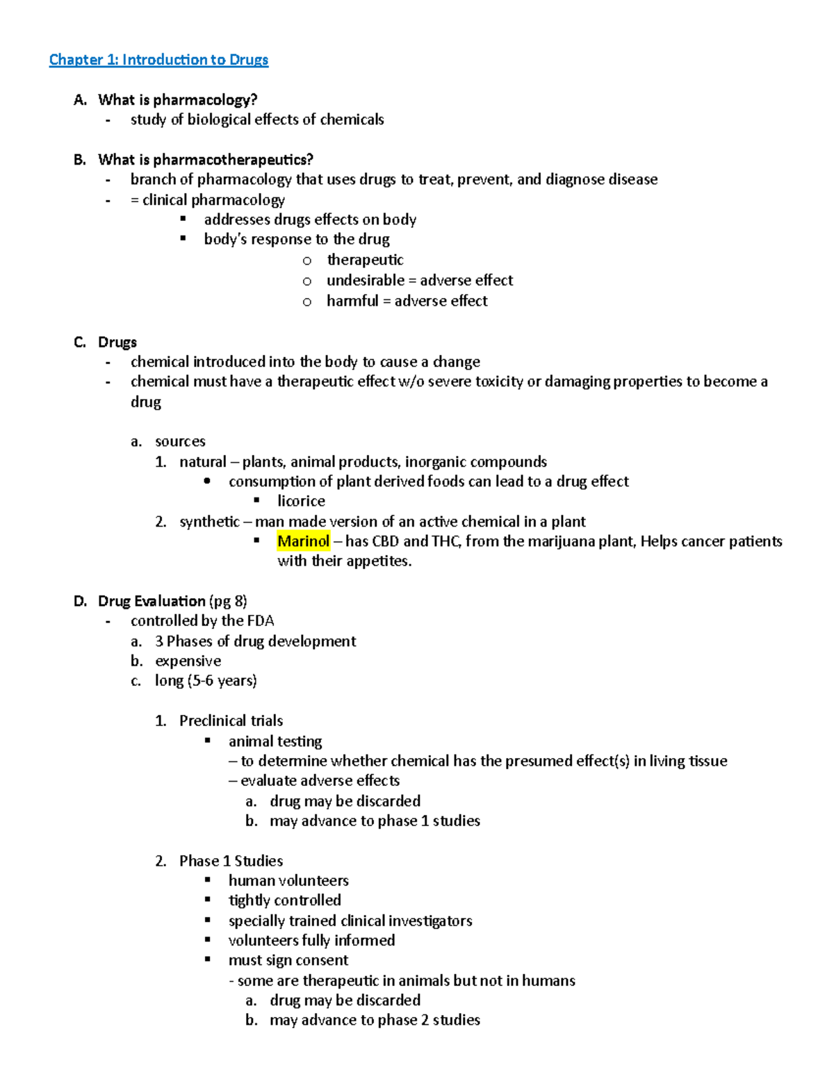 NUR103-Lecture Outline Chapter 1 (Winter 2022) - Chapter 1: Introduction to Drugs A. What is ...