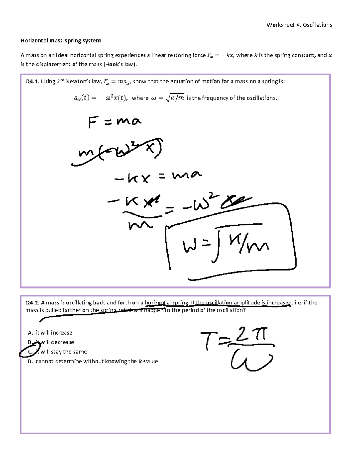 4 Worksheet 101 Oscillations - Horizontal mass-spring system A mass on ...