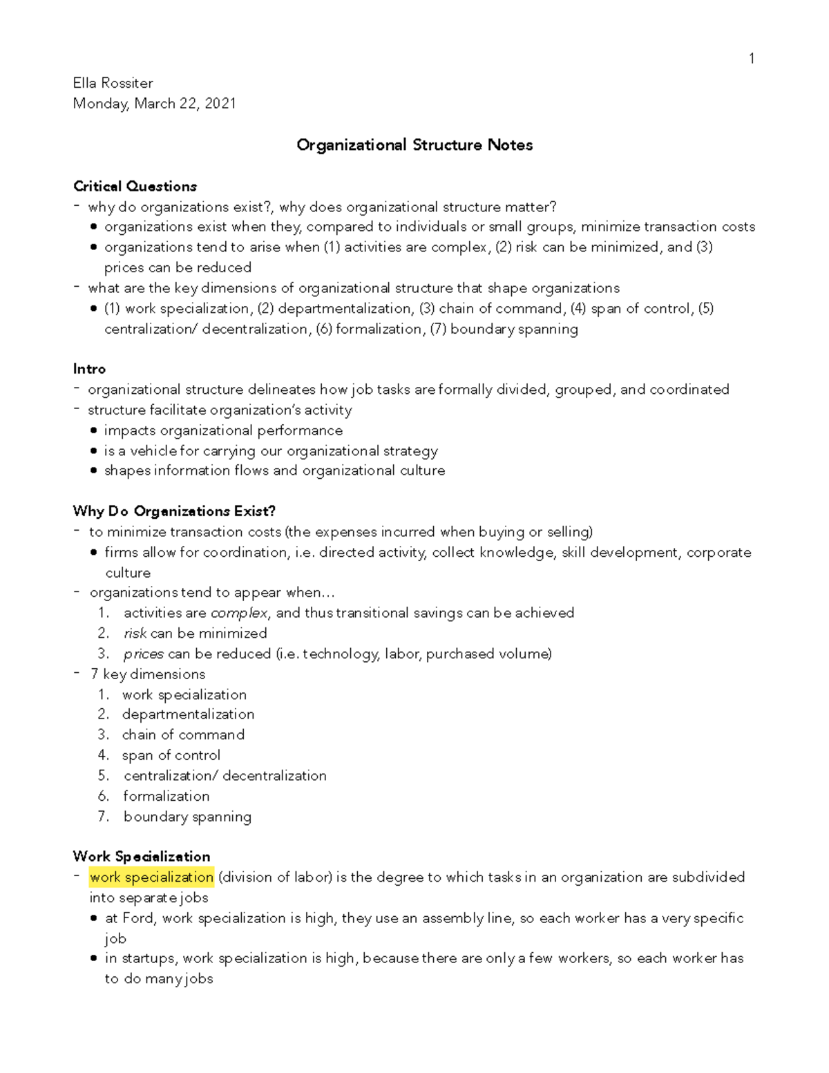 Organizational Structure Notes - Ella Rossiter Monday, March 22, 2021 ...