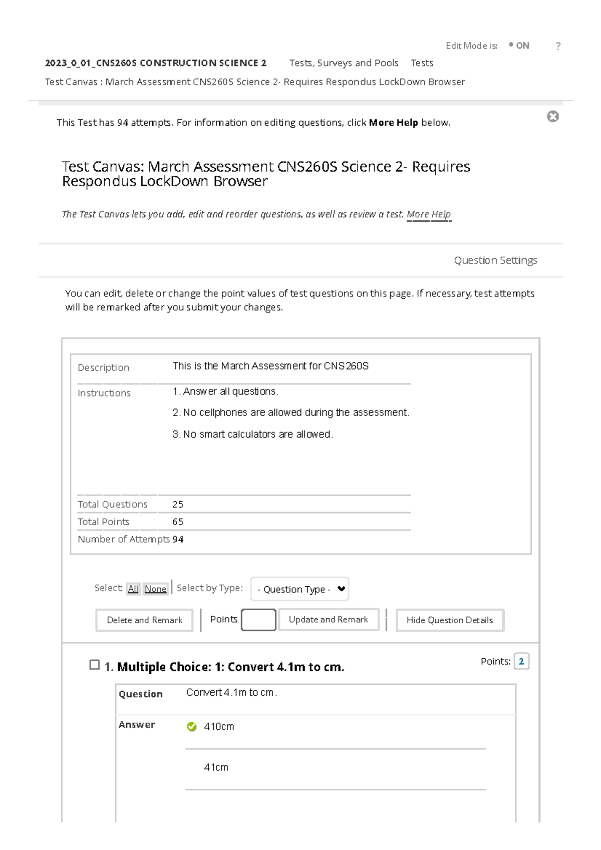 CNS260S March Test 1 MEMO - Edit Mode is: •ON Test Canvas : March ...