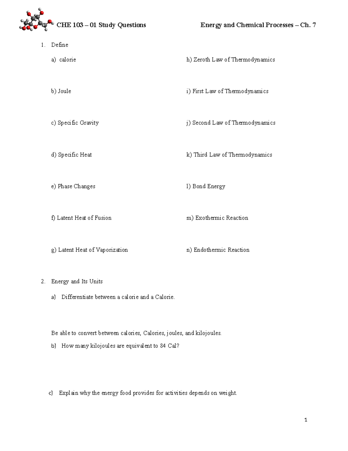 7 - Energy and Chemical Processses - CHE 103 – 01 Study Questions ...