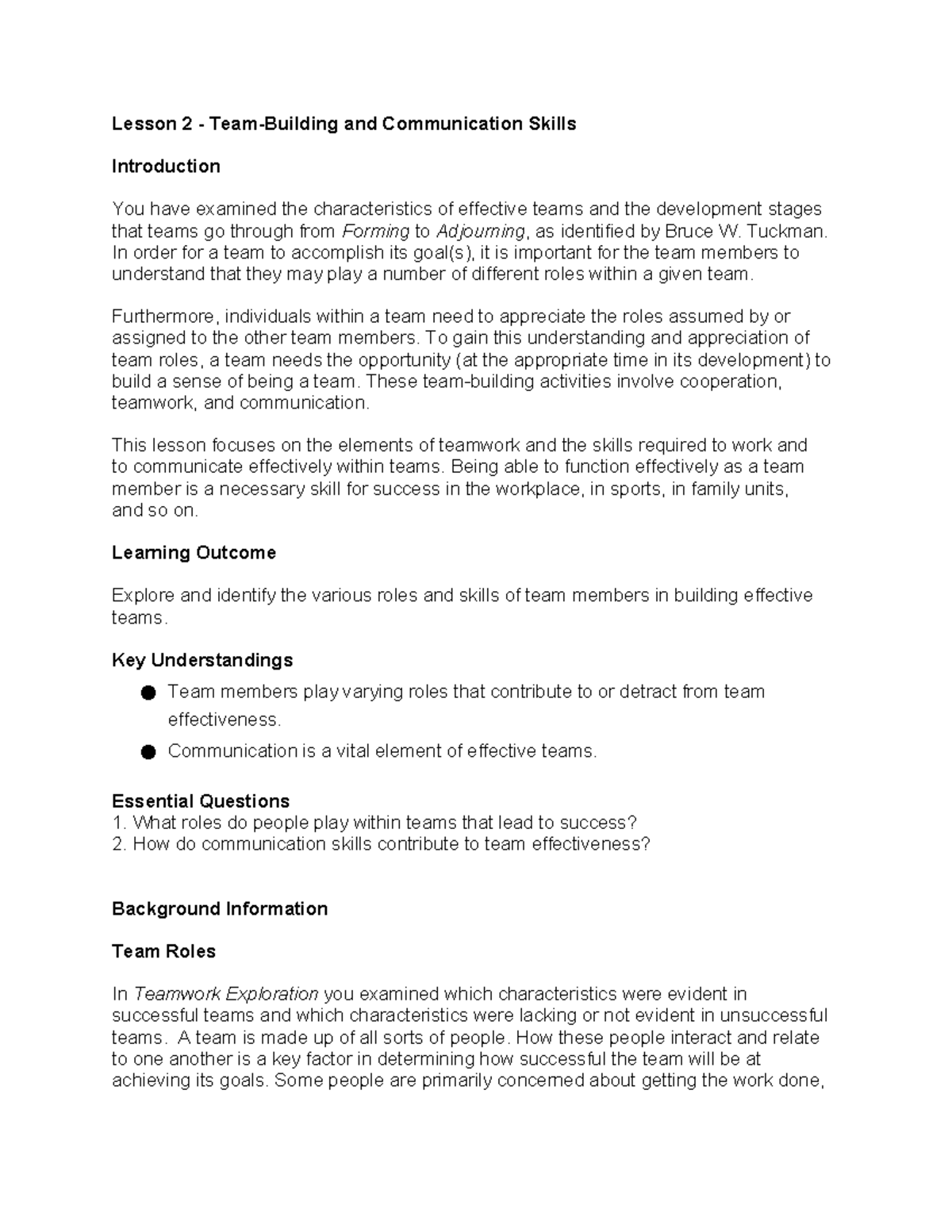 Copy of Lesson 2 Team Building and Communication Skills Student Copy ...