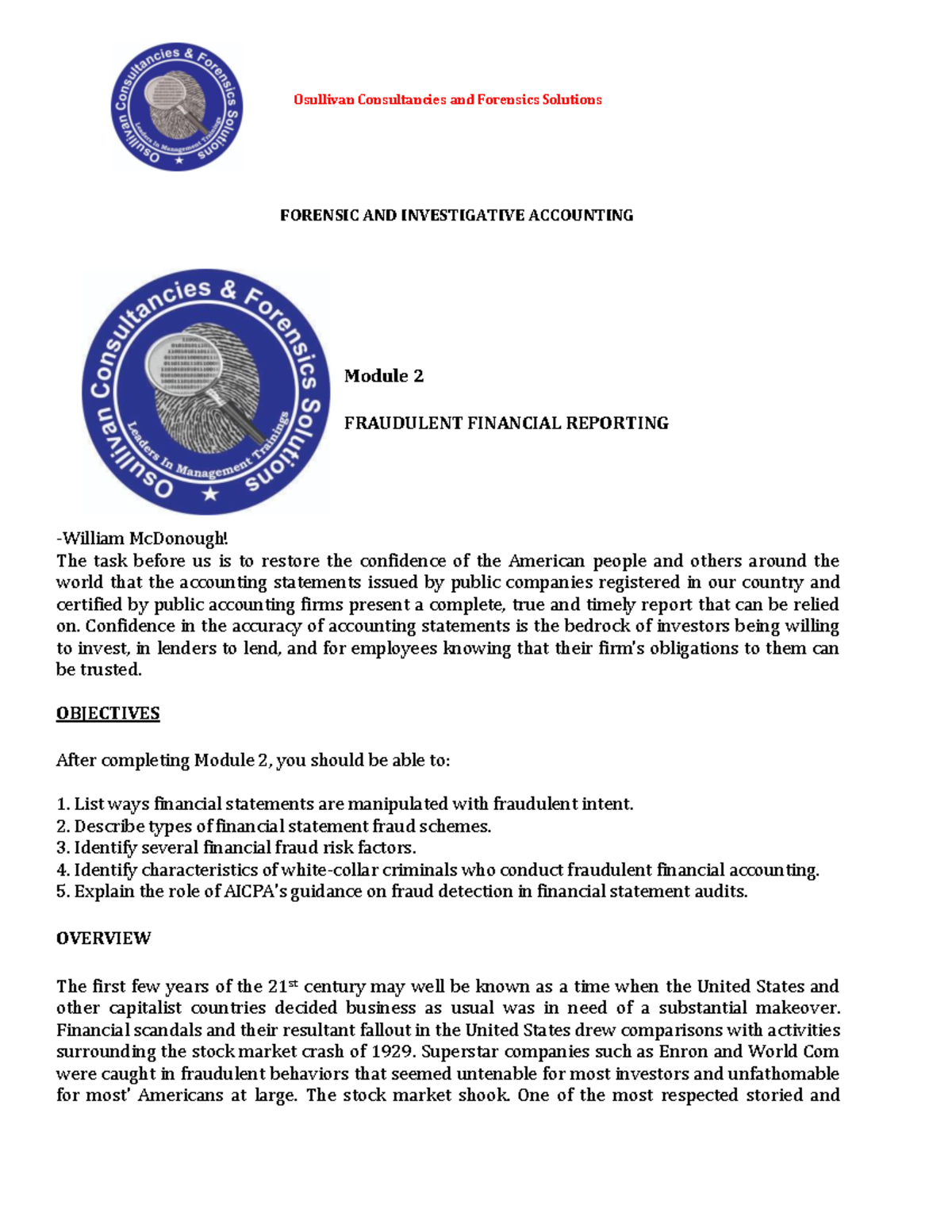 Forensic and Investigative Accounting Module 2 - FORENSIC AND INVESTIGATIVE ACCOUNTING Module 2 ...