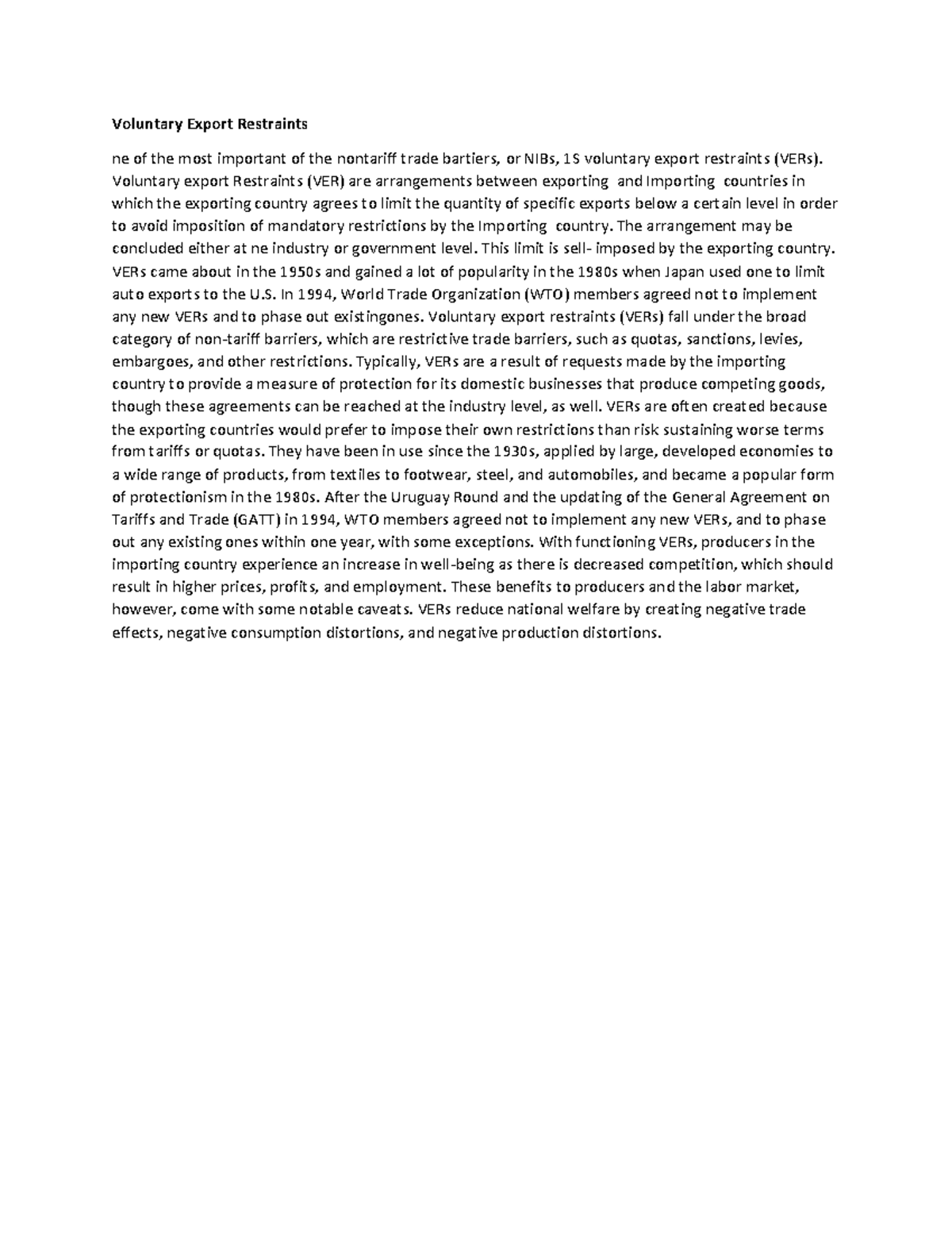 Voluntary Export Restraints - Voluntary export Restraints (VER) are ...