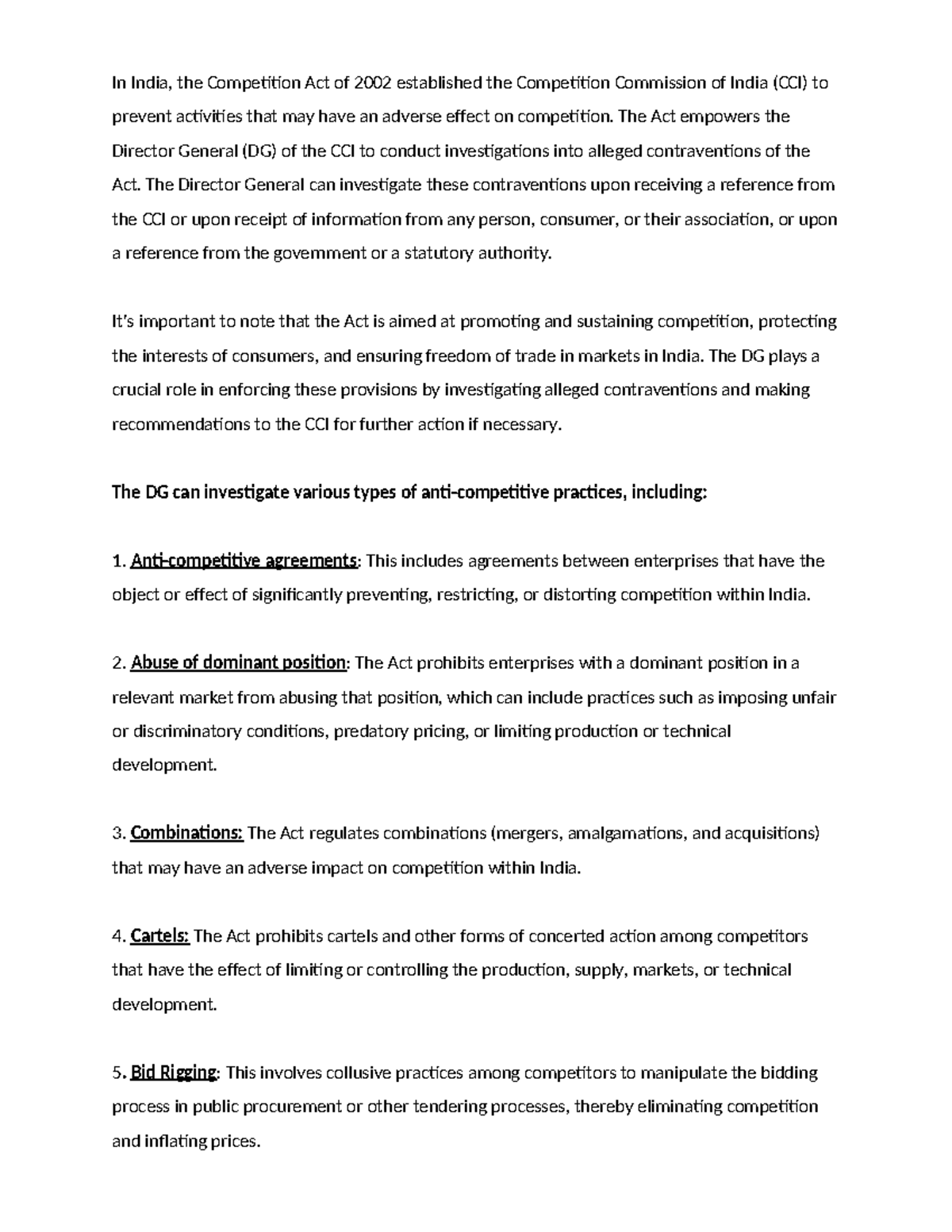 Director General Contravention - In India, the Competition Act of 2002 ...