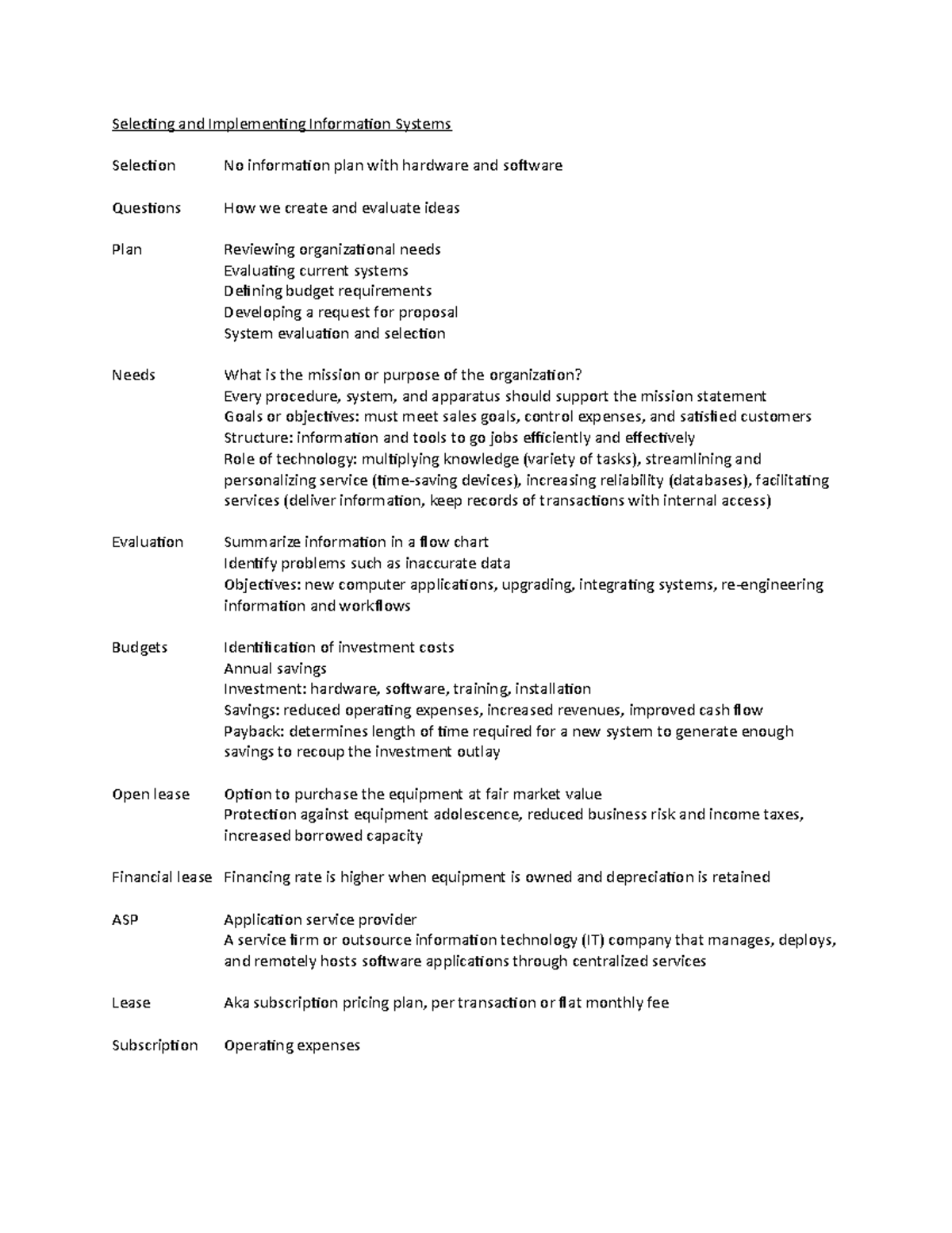 Selecting and Implementing Information Systems - Studocu