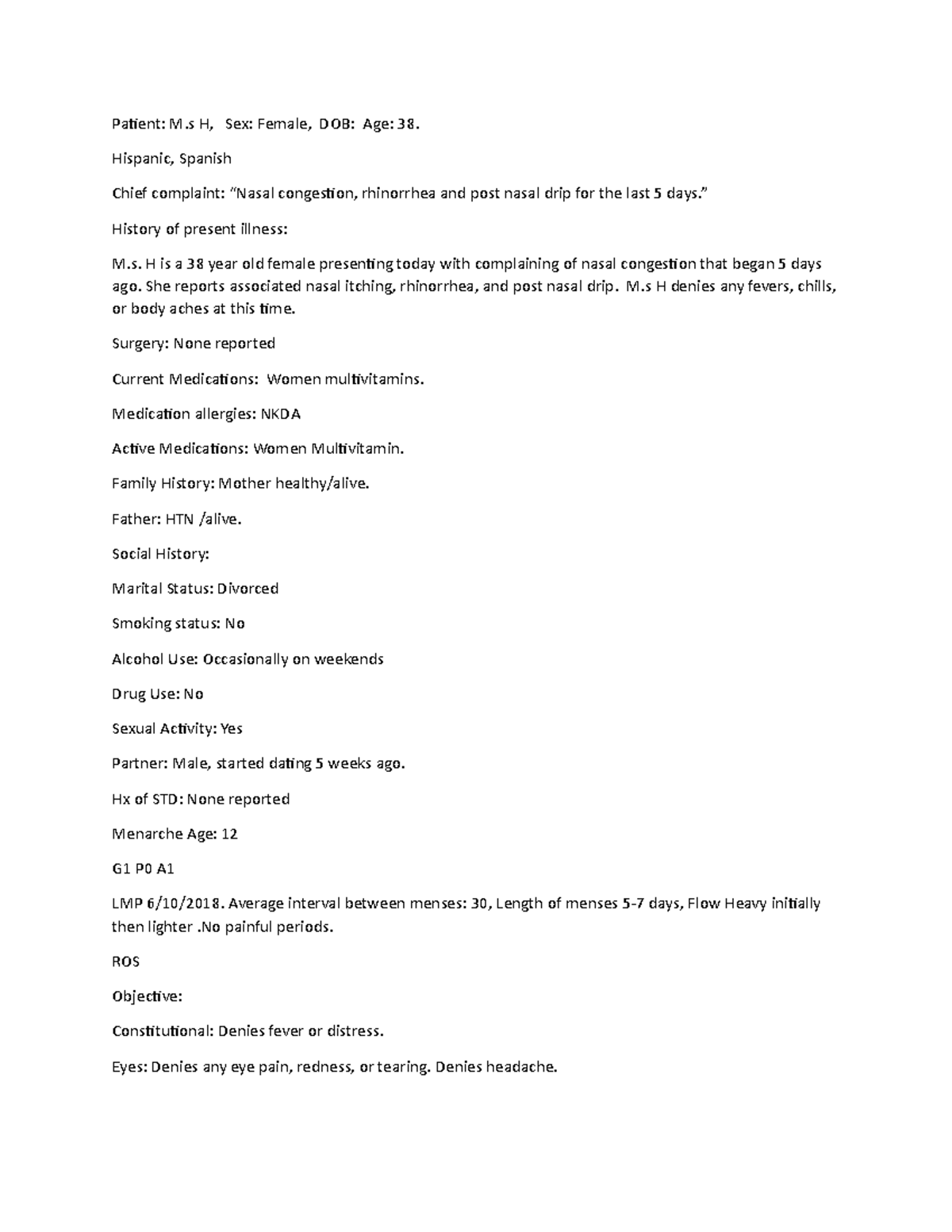 Allergic rhinitis - SOAP NOTE - Patient: M H, Sex: Female, DOB: Age: 38 ...