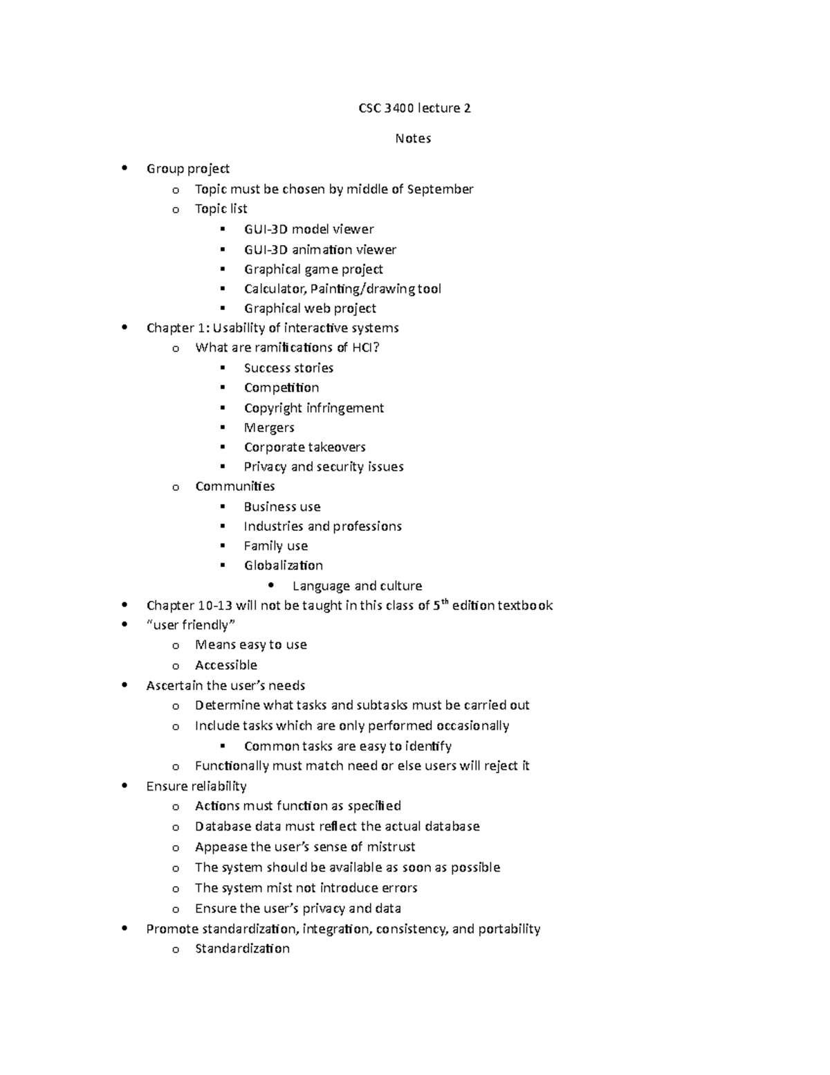 CSC 3400 lecture 2 - CSC 3400 lecture 2 Notes Group project o Topic ...