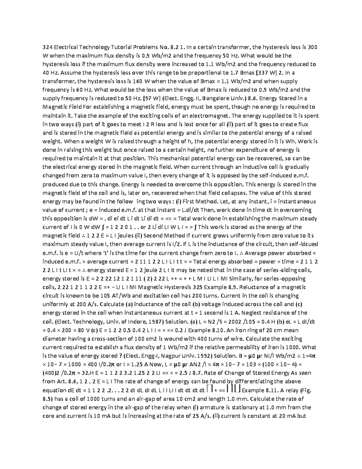 67 - gsdgsd - 324 Electrical Technology Tutorial Problems No. 8 1. In a certain transformer, the ...
