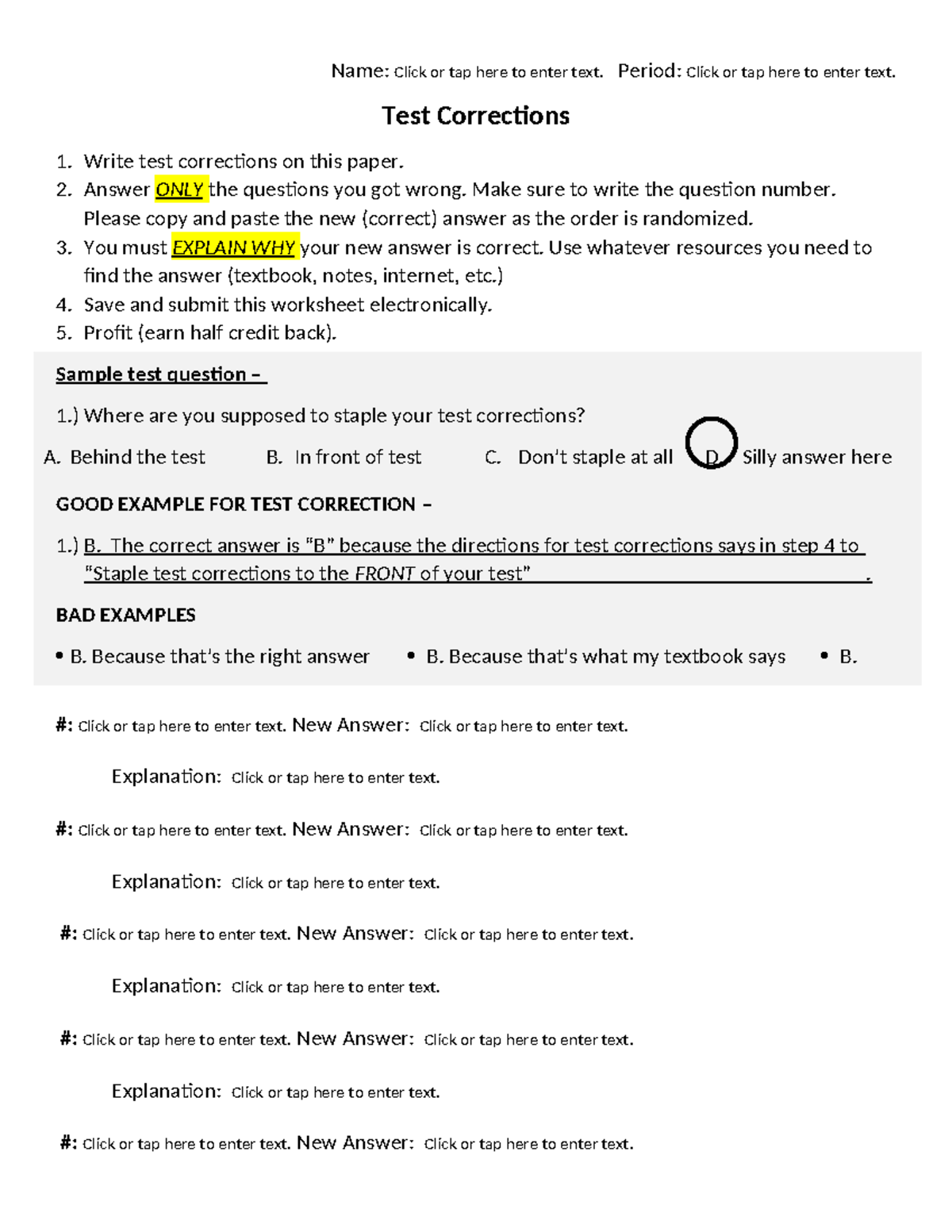Instructions for Test Corrections - Virtual - Name: Click or tap here ...