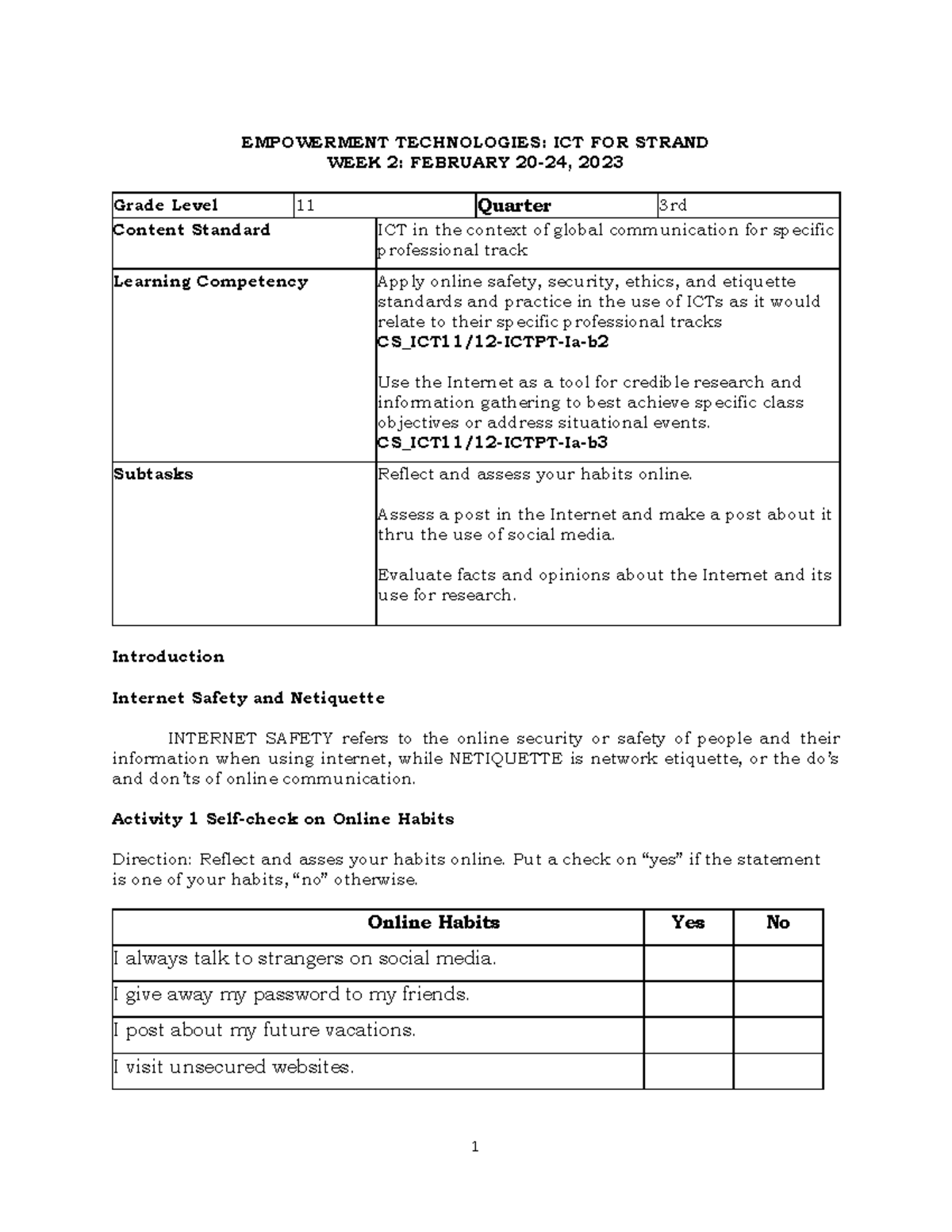 Emtech AS2 - N/A - 1 EMPOWERMENT TECHNOLOGIES: ICT FOR STRAND WEEK 2 ...