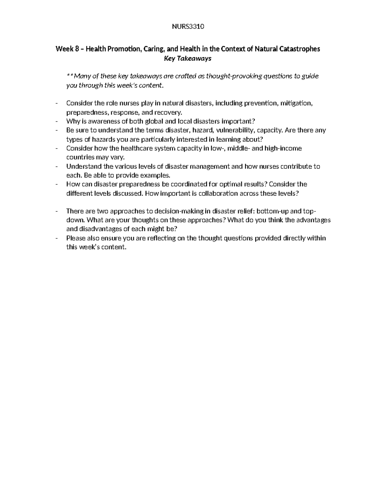 Week 8 Key Takeaways - NURS Week 8 – Health Promotion, Caring, and ...