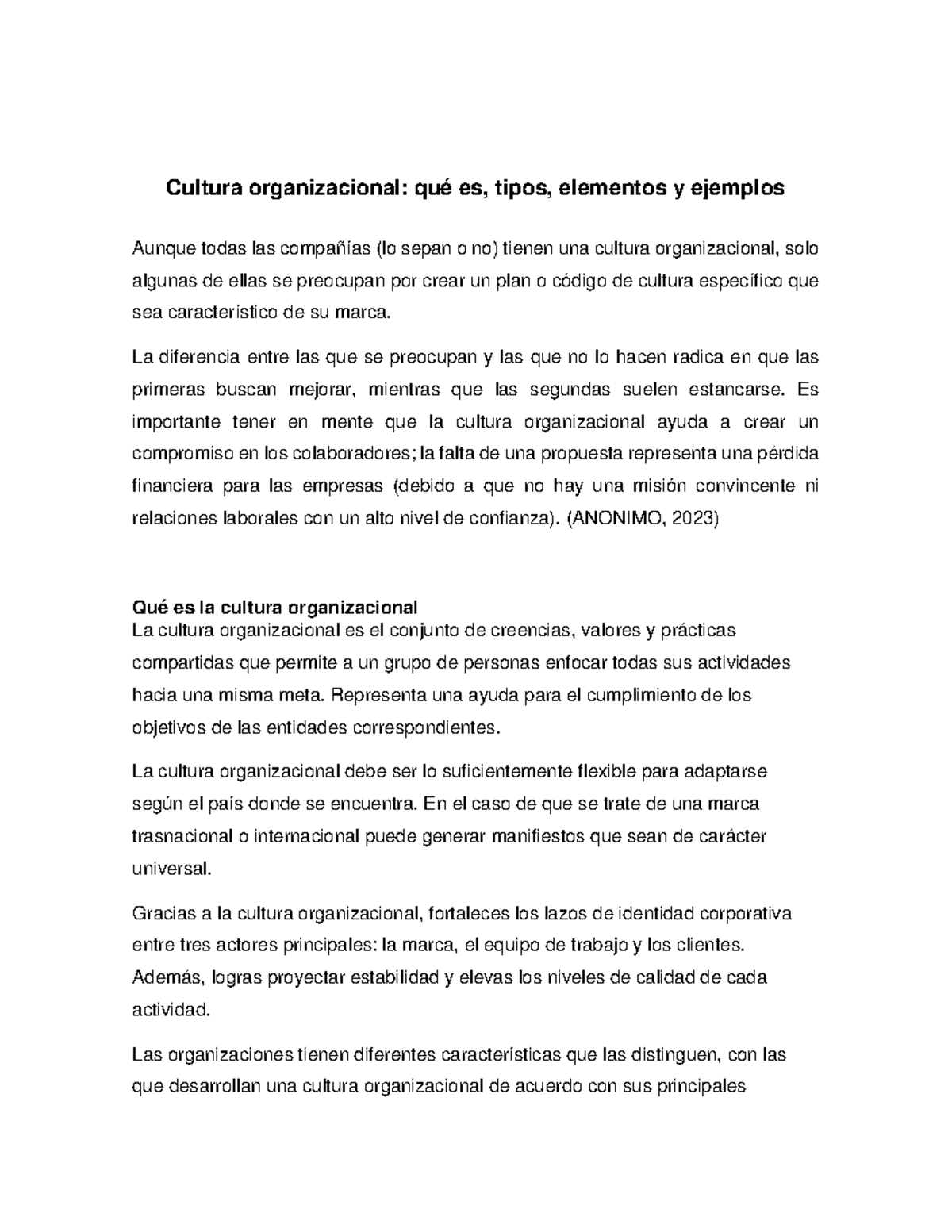 Cultura Organizacional 1 - Cultura organizacional: qué es, tipos, elementos y ejemplos Aunque ...