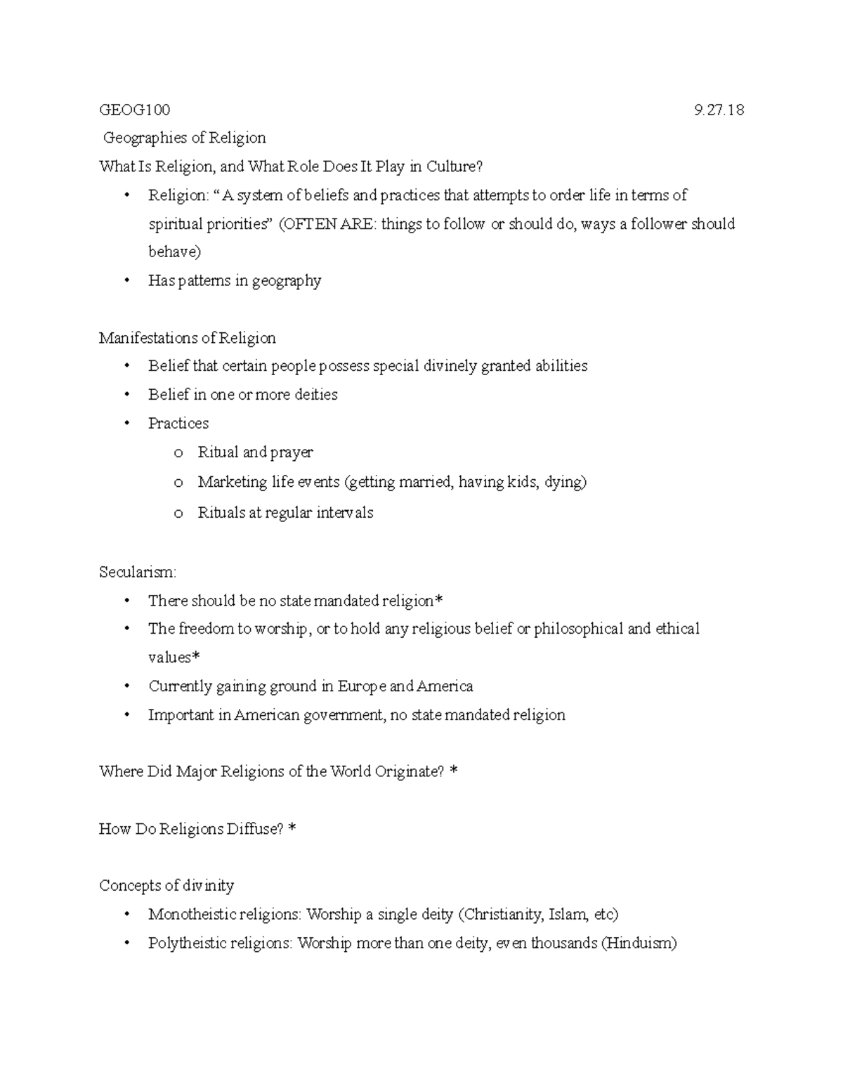 Religion Lecture Notes GEOG100 9 27 Geographies Of Religion What Is
